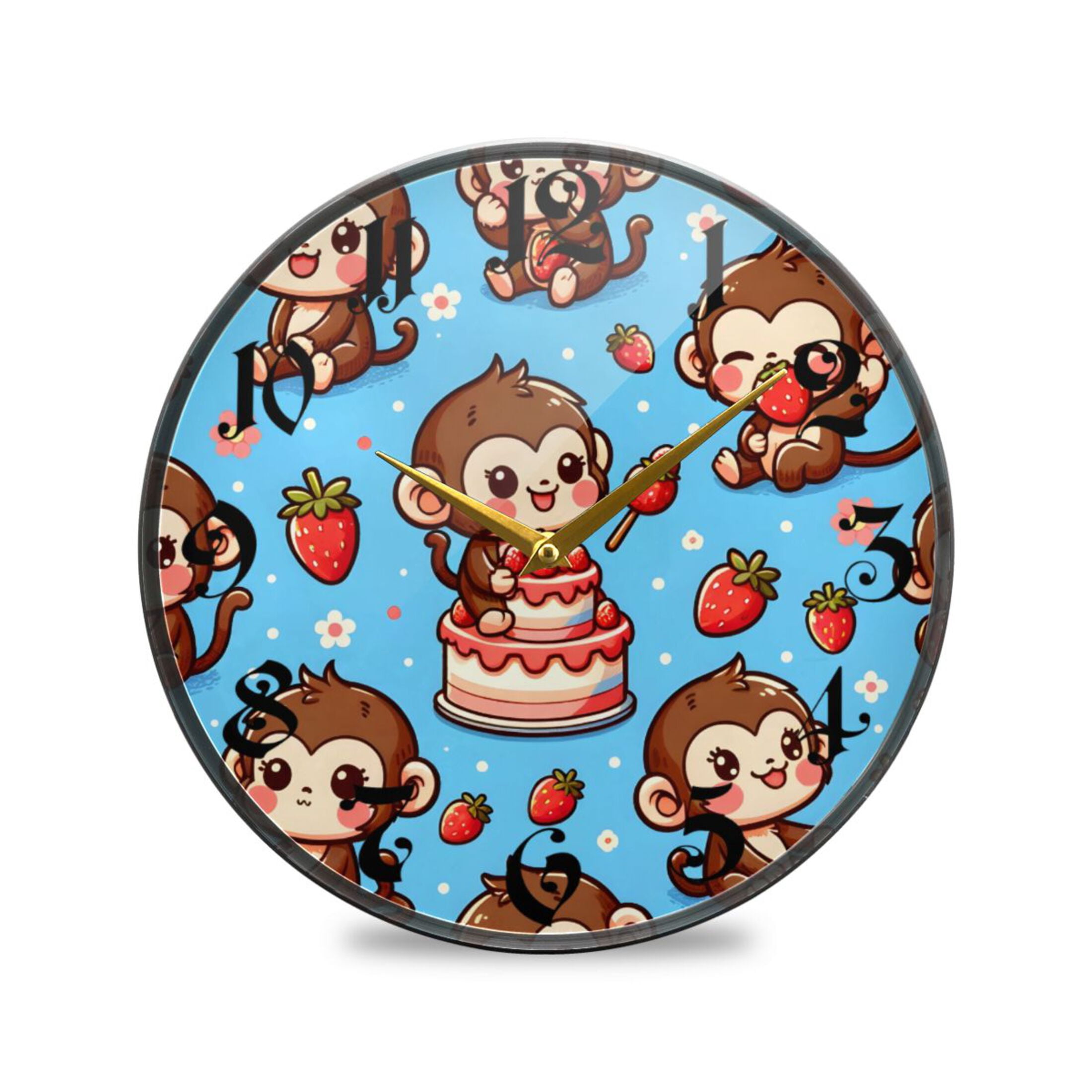 9.5" Round Silent Wall Clocks Cute Monkey and Strawberry Acrylic ...
