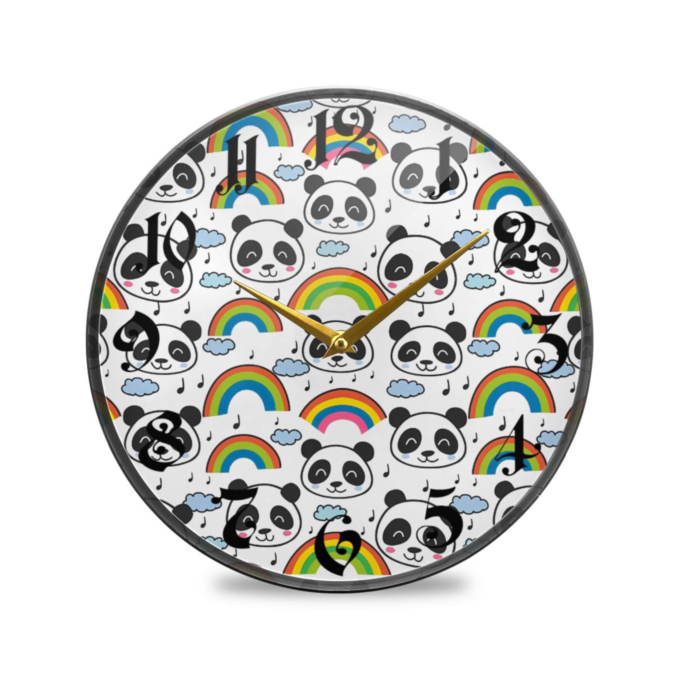 9.5" Round Silent Wall Clocks Cute Pandas and Rainbows Acrylic Battery ...