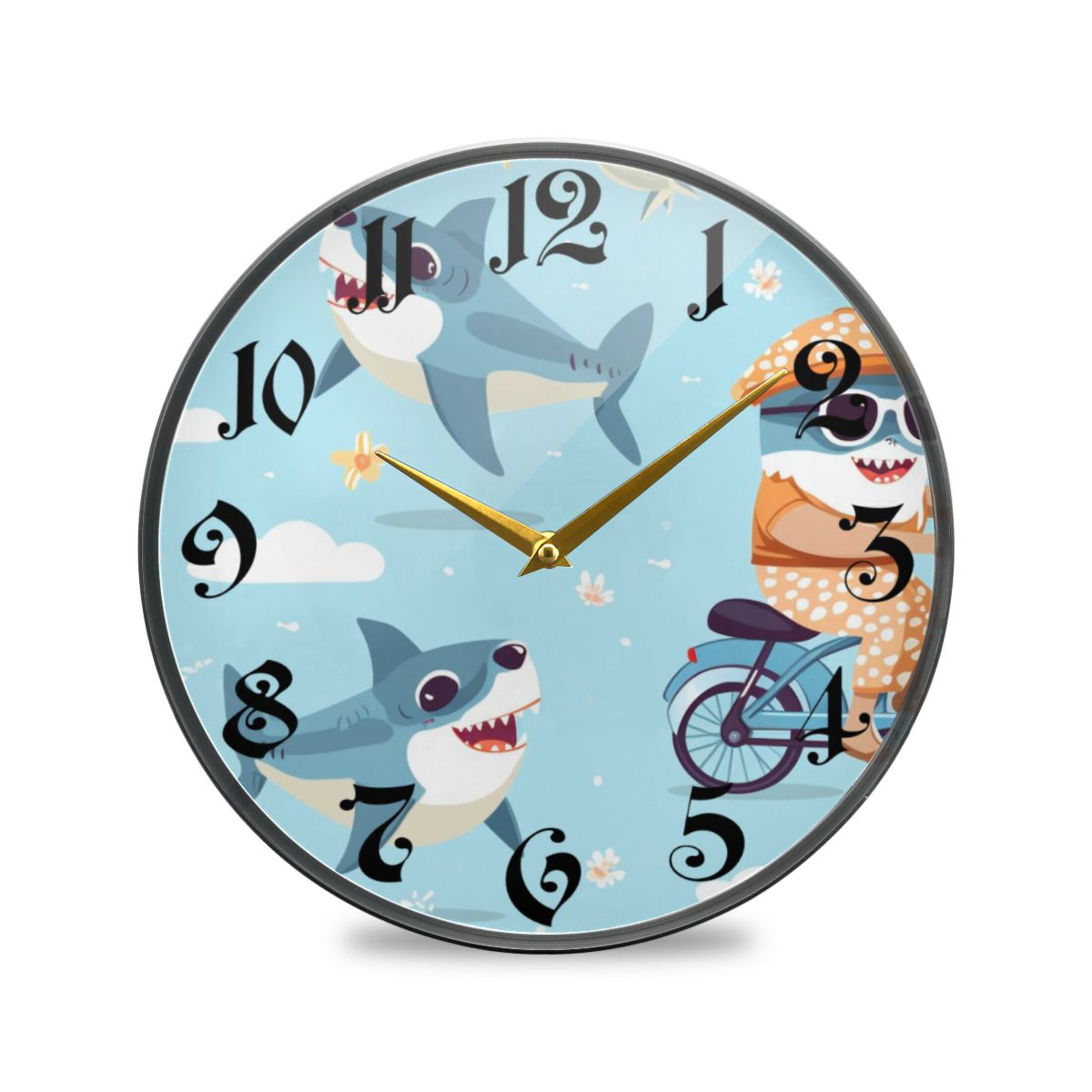 9.5" Round Silent Wall Clocks Cute Shark Clying Acrylic Battery ...