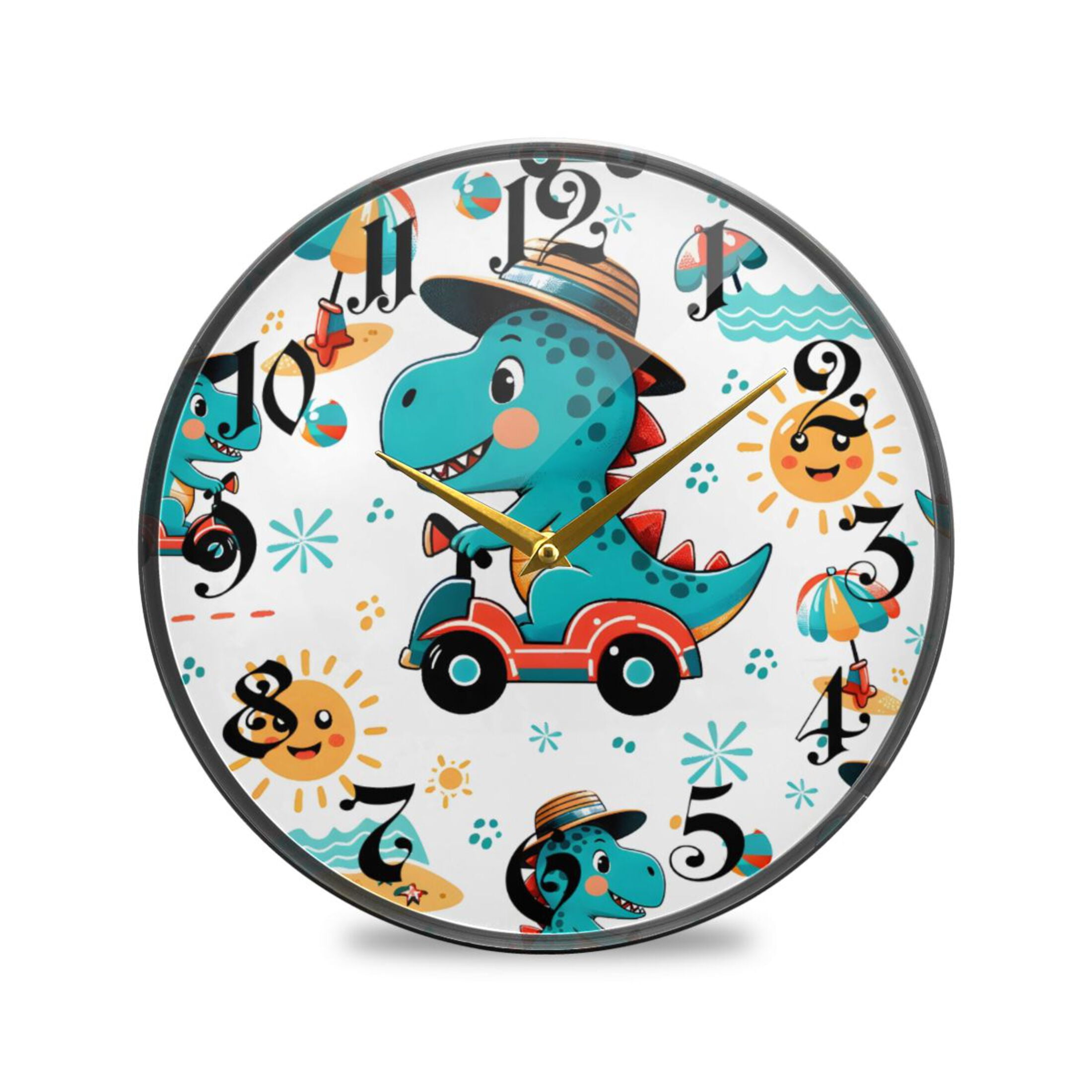 9.5" Round Silent Wall Clocks Dinosaur Driver Acrylic Battery Operated ...