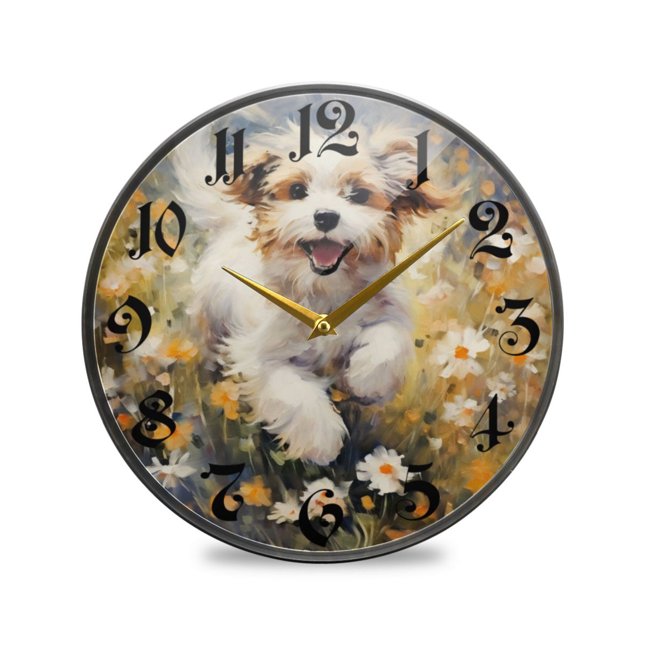 9.5" Round Silent Wall Clocks Dog in Daisy Flowers Acrylic Battery ...