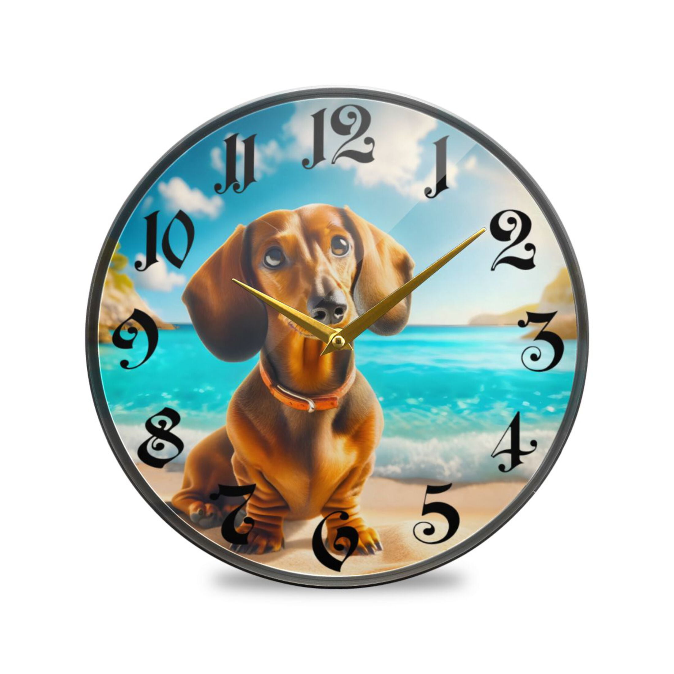 9.5" Round Silent Wall Clocks Dog on Beach and Blue Sky Acrylic Battery ...