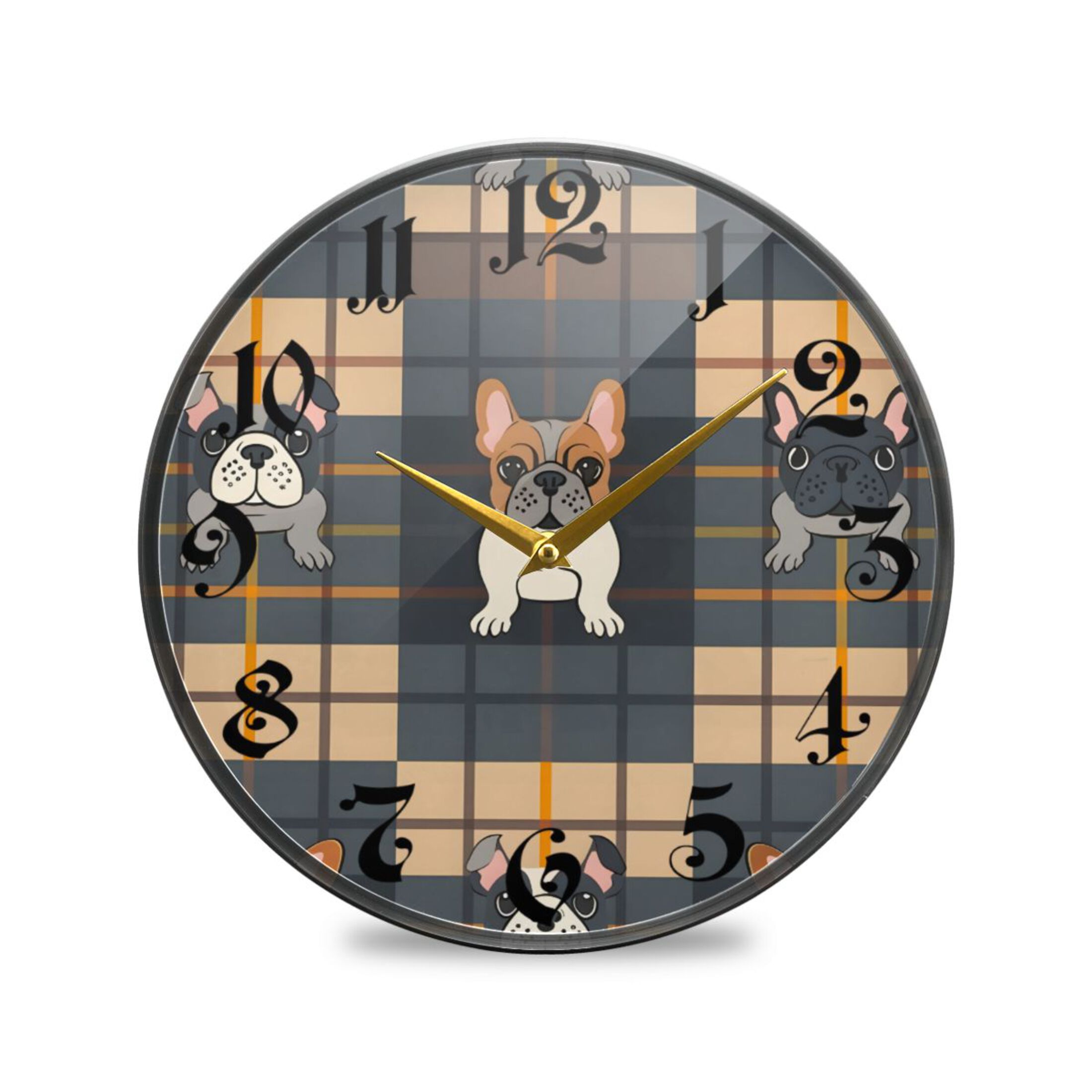 9.5" Round Silent Wall Clocks Dog on Grid Acrylic Battery Operated ...