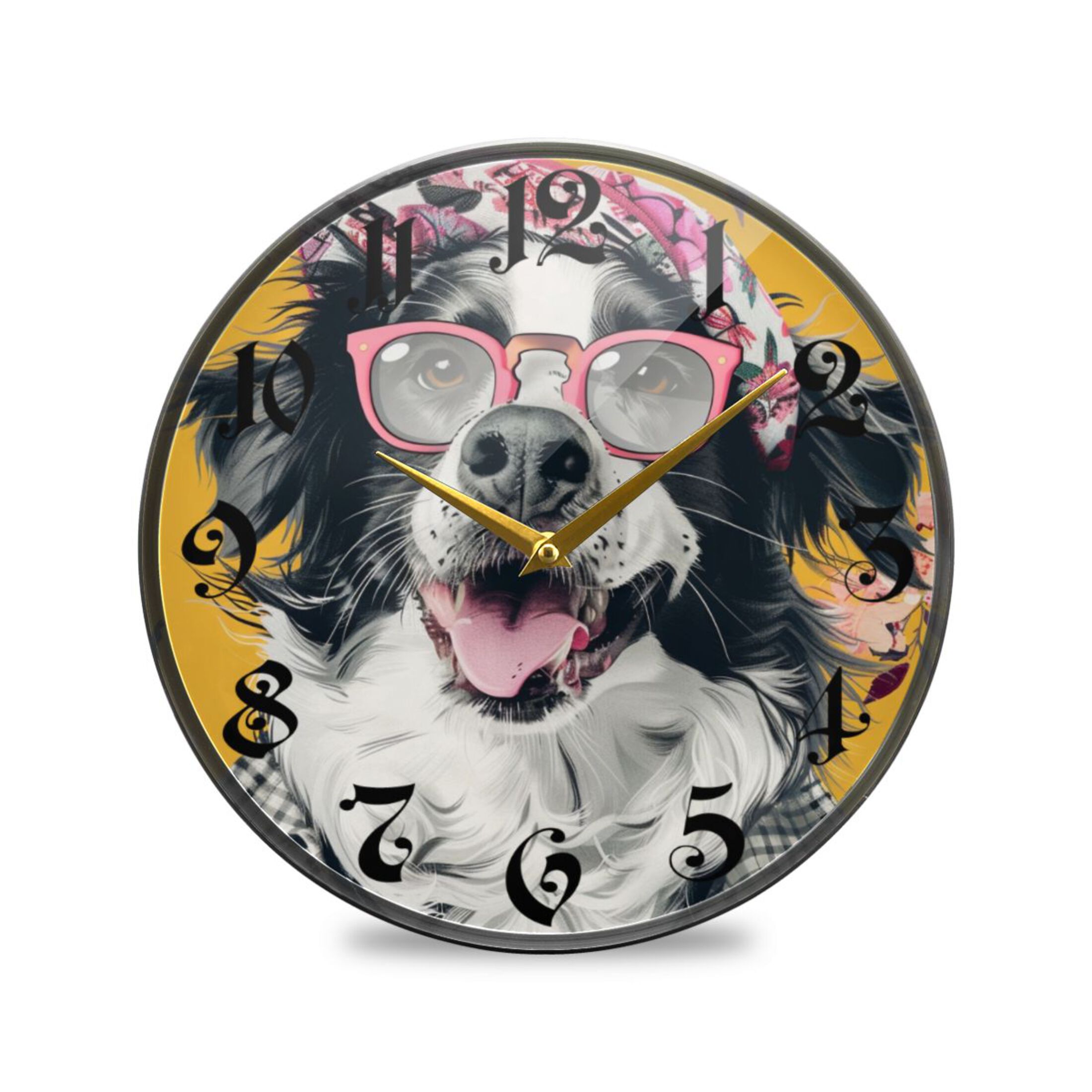 9.5" Round Silent Wall Clocks Dog with Sunglasses Funny Acrylic Battery ...