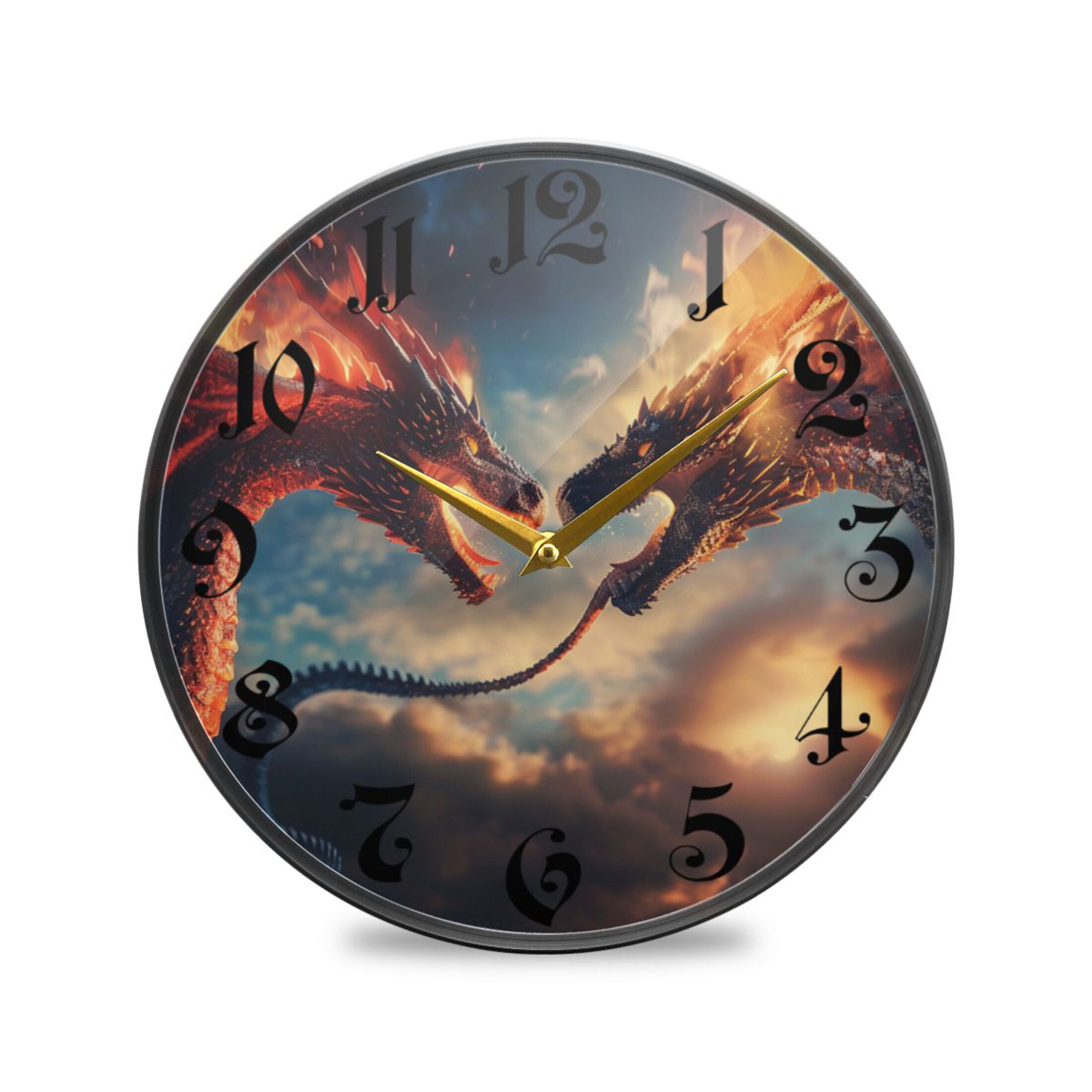 9.5" Round Silent Wall Clocks Dragons in Sky with Fire Acrylic Battery ...