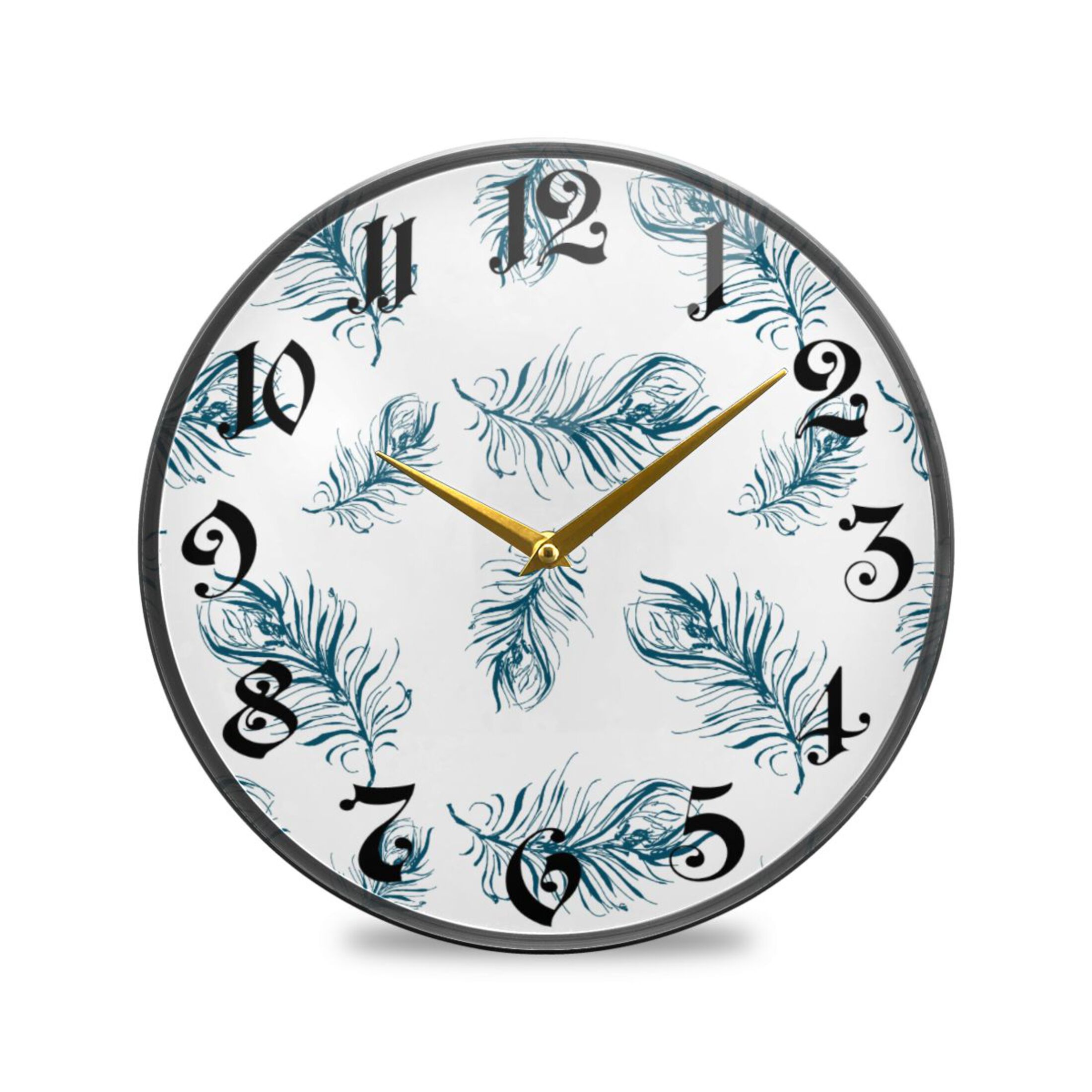 9.5" Round Silent Wall Clocks Elegant Feathers Acrylic Battery Operated ...