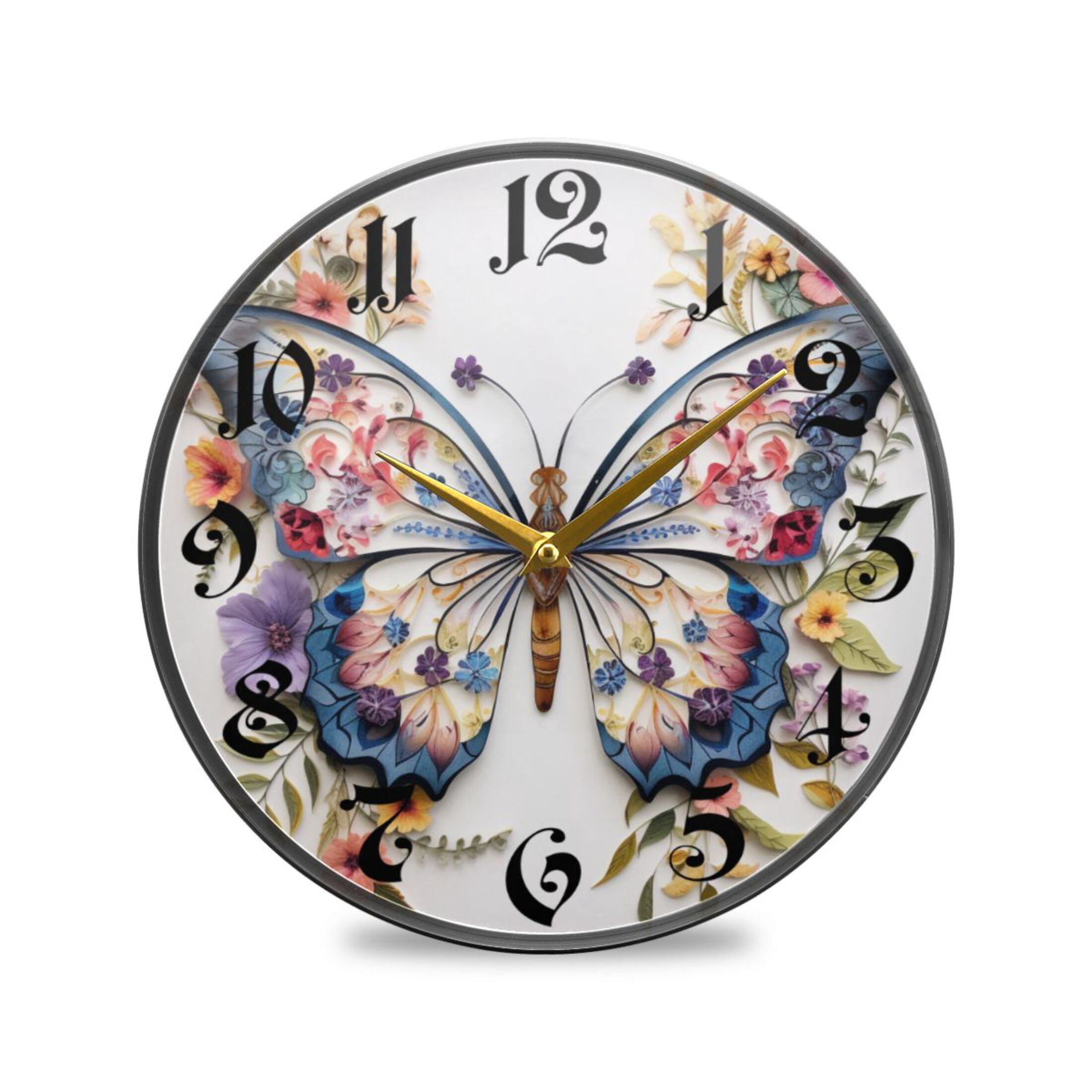 9.5" Round Silent Wall Clocks Floral Butterfly Acrylic Battery Operated ...