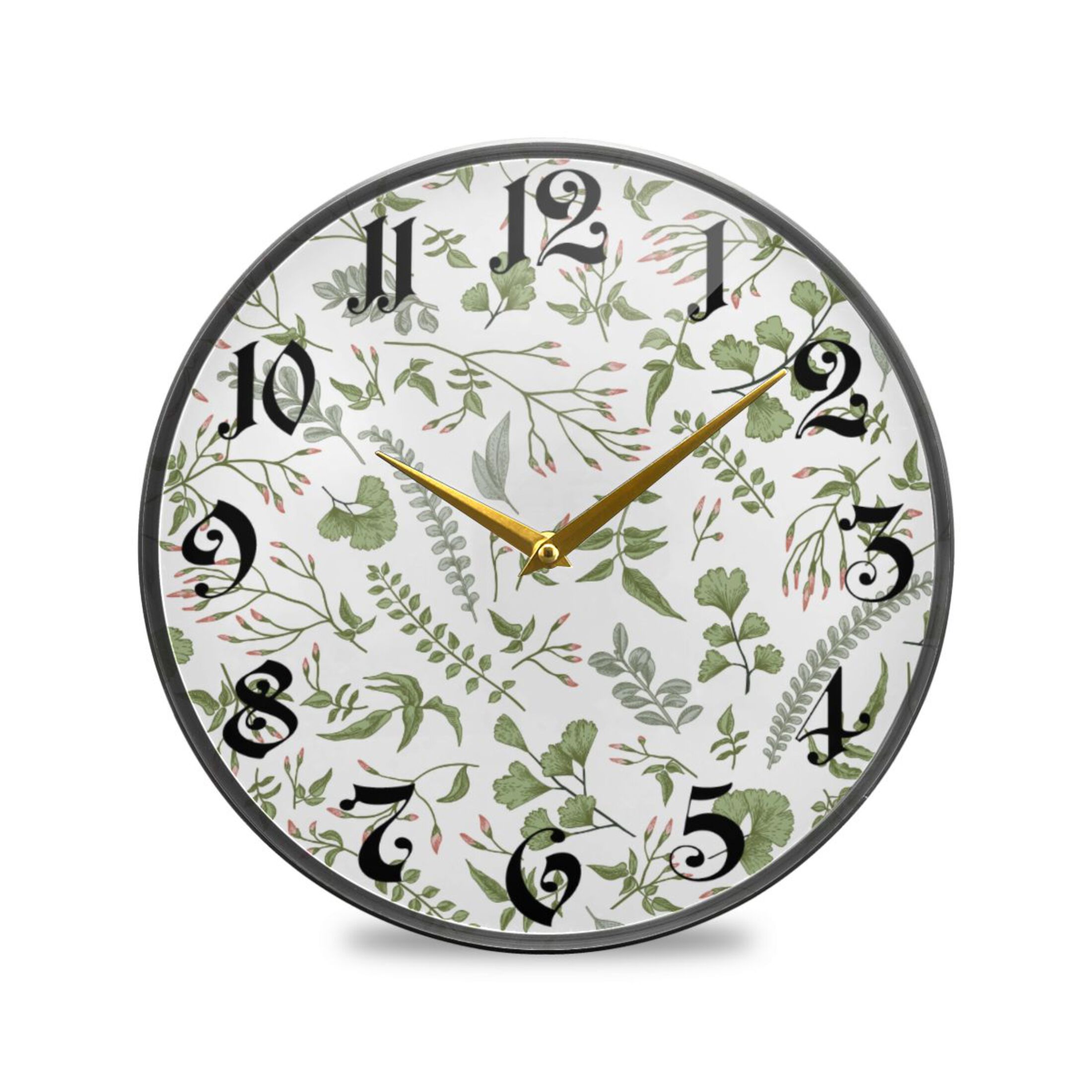 9.5" Round Silent Wall Clocks Floral Leaves and Herbs Acrylic Battery ...
