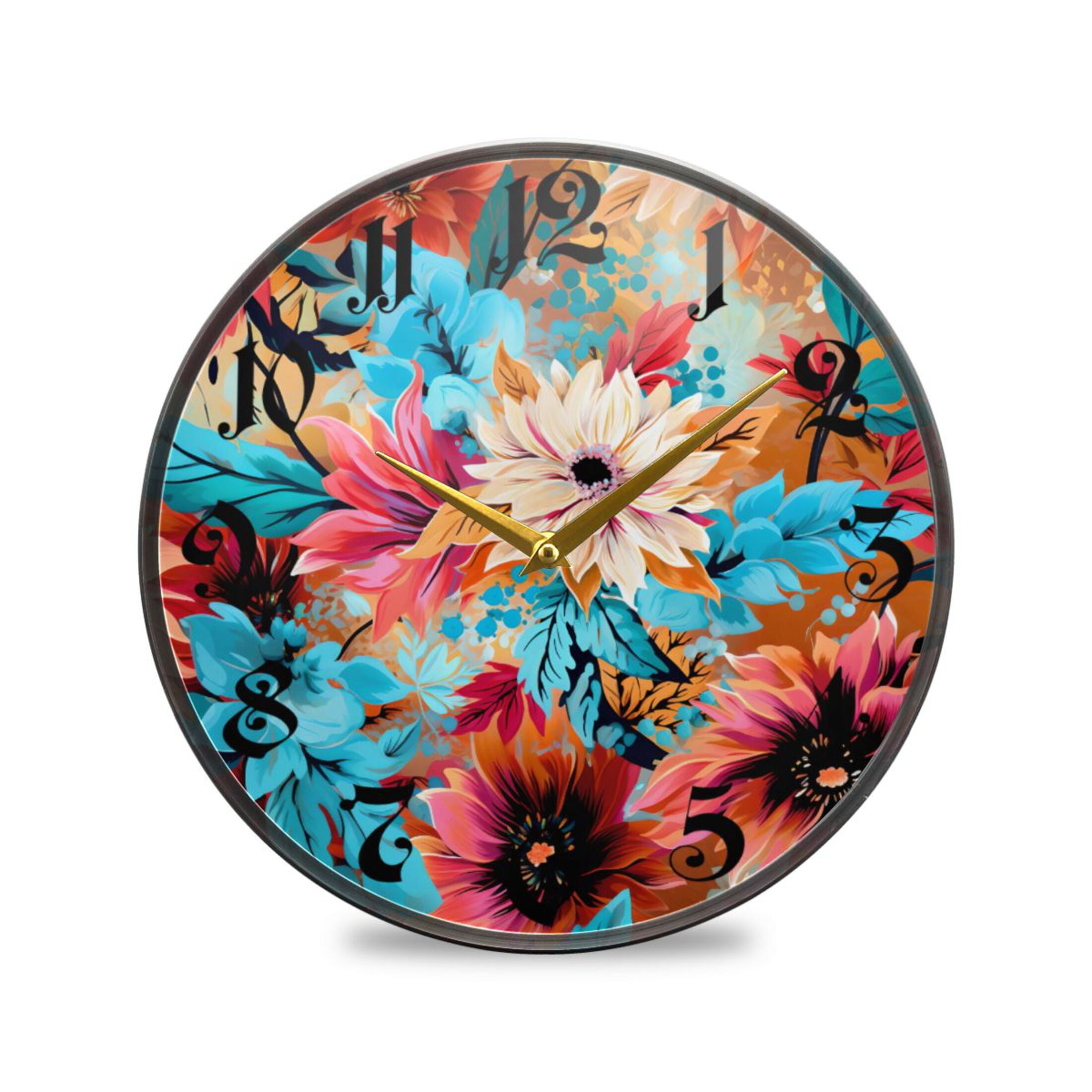 9.5" Round Silent Wall Clocks Flowers Blue and Pink Acrylic Battery ...