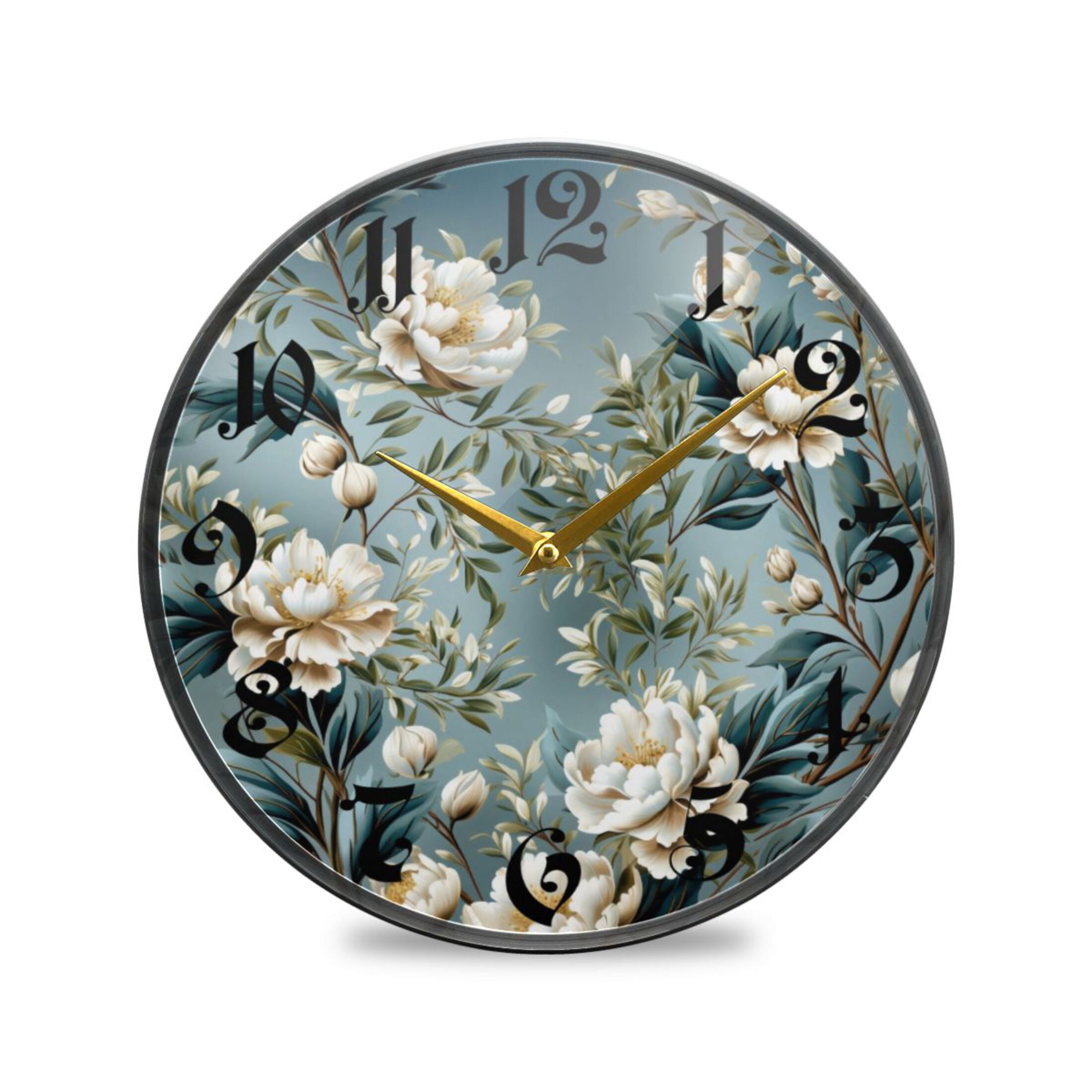 9.5" Round Silent Wall Clocks Flowers with Green Leaves Acrylic Battery ...