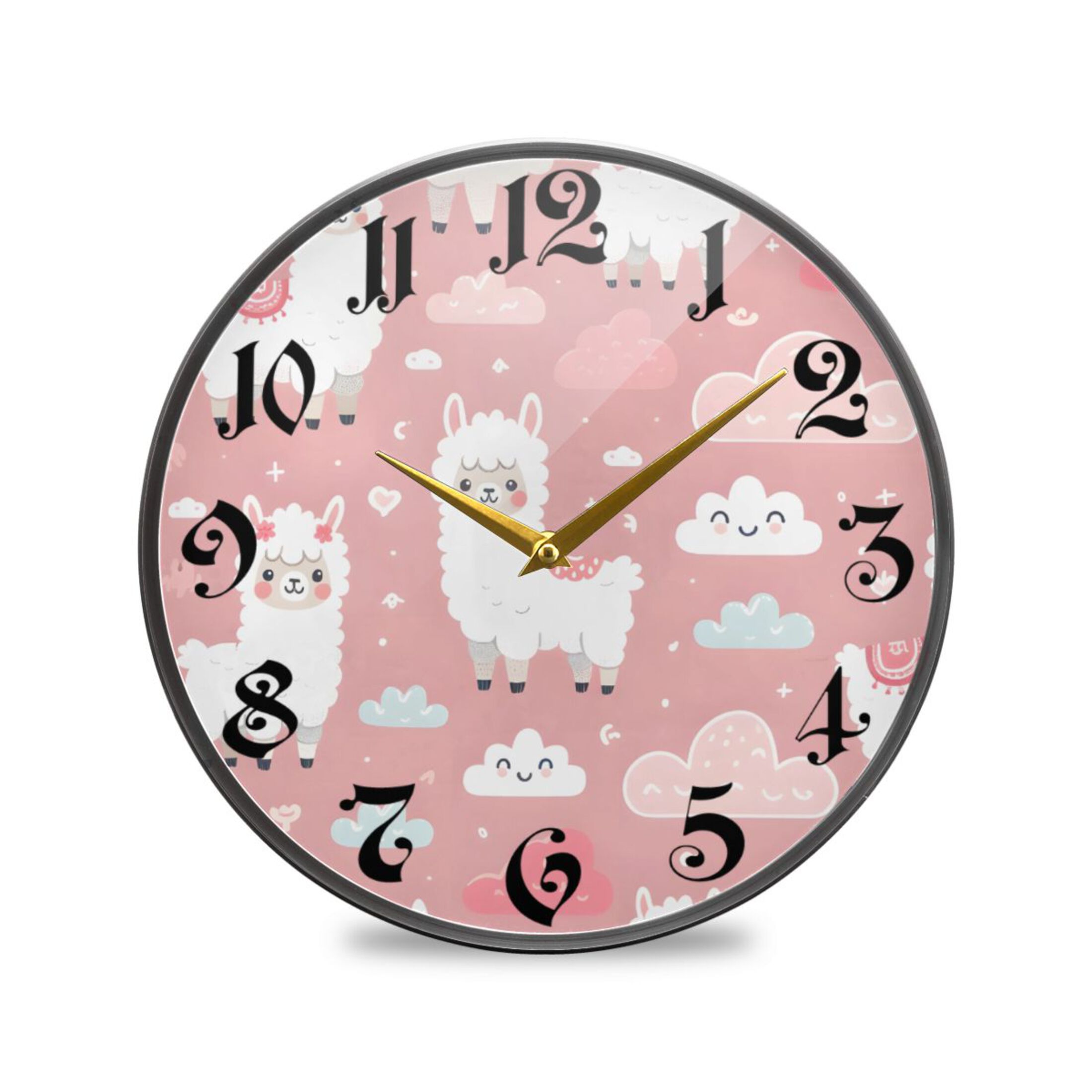 9.5" Round Silent Wall Clocks Funny Llama and Clouds Acrylic Battery ...