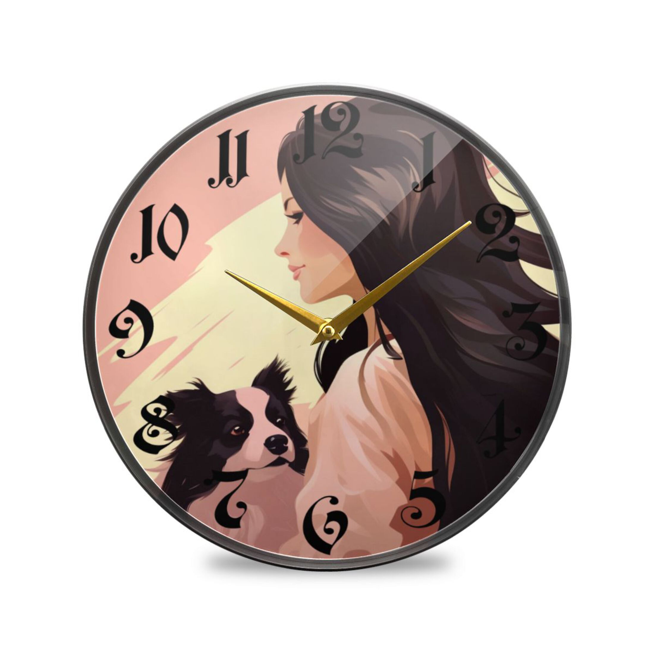 9.5" Round Silent Wall Clocks Girl with Dog Acrylic Battery Operated ...