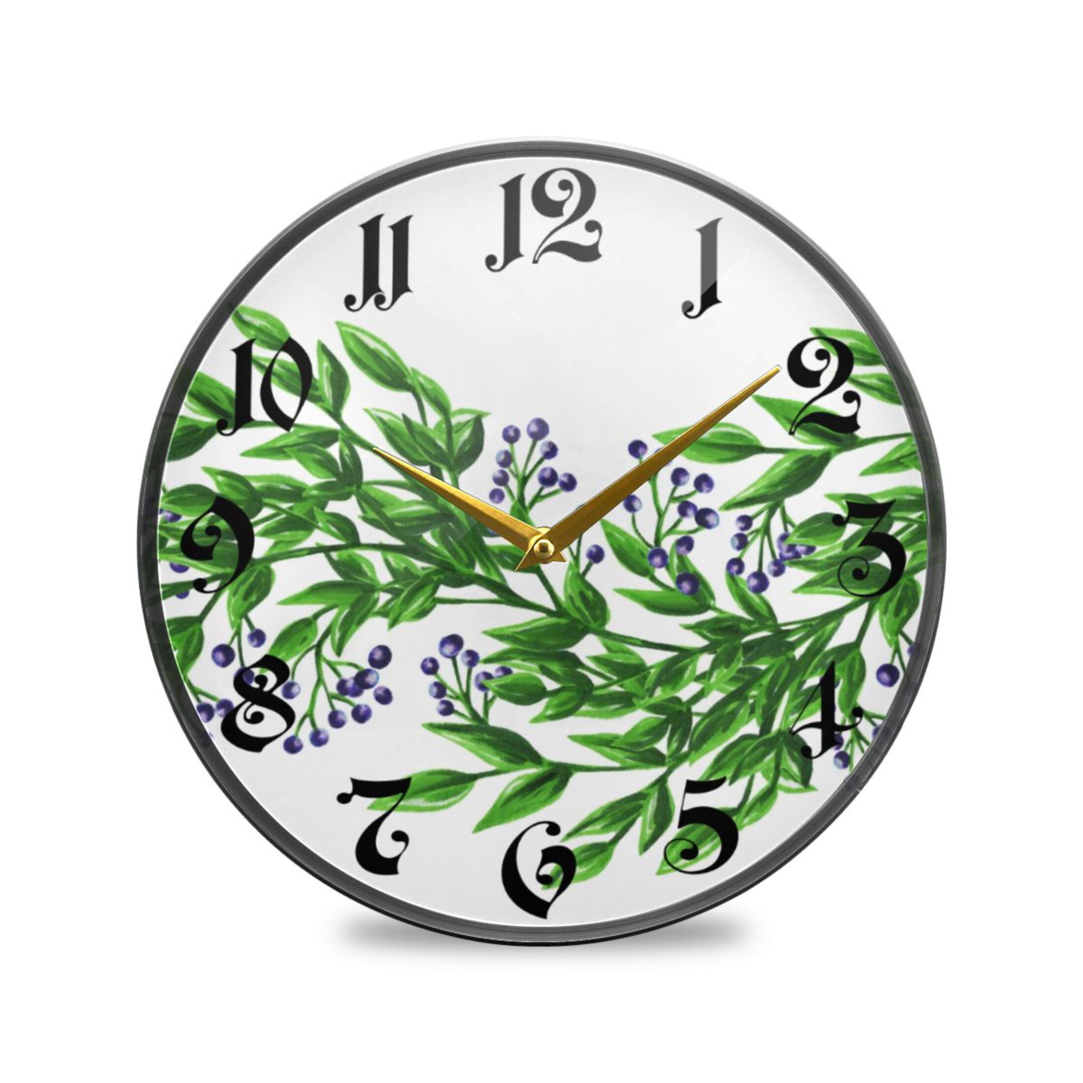9.5" Round Silent Wall Clocks Green Branches and Purple Berries Acrylic ...