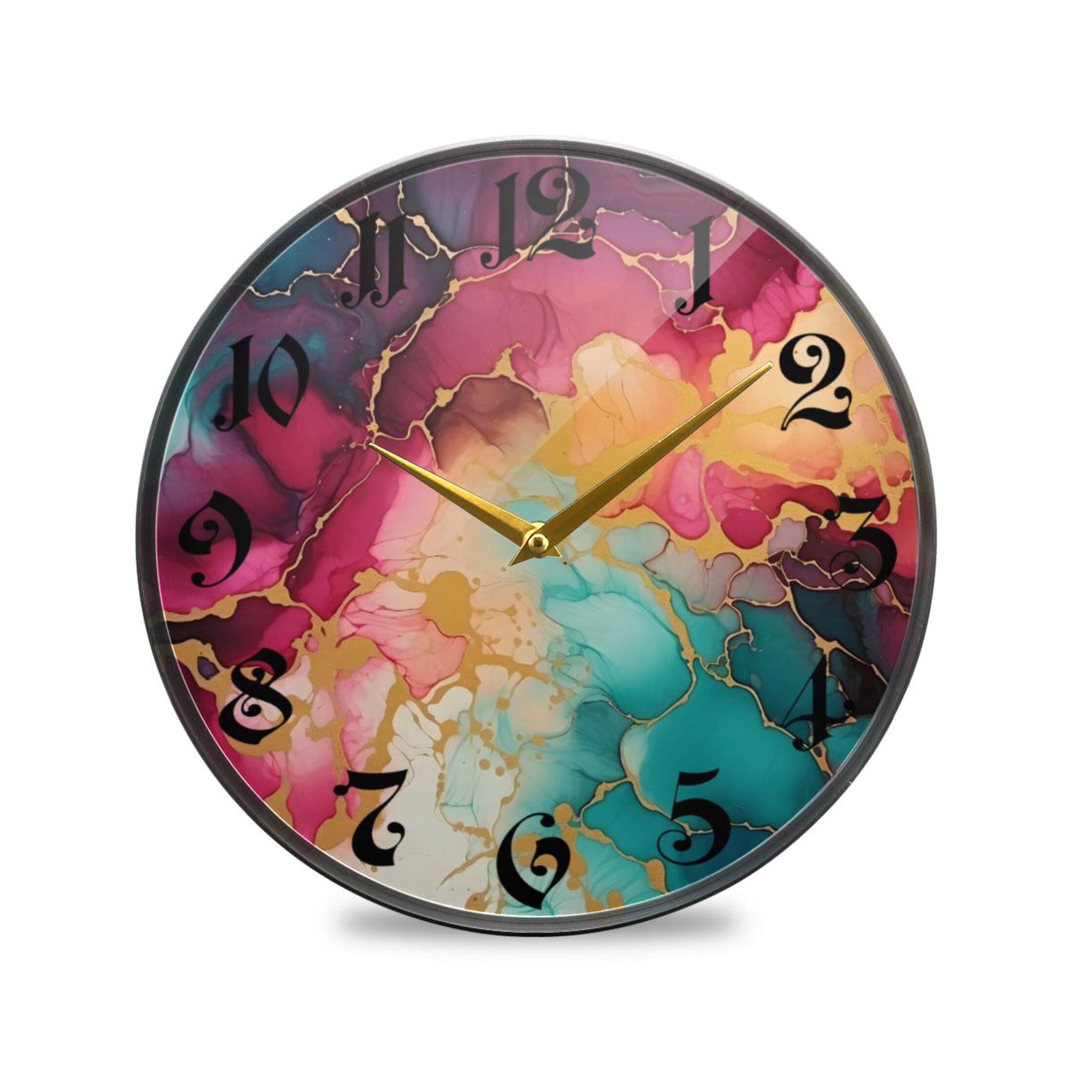 9.5" Round Silent Wall Clocks Green Pink Golden Marble Acrylic Battery ...