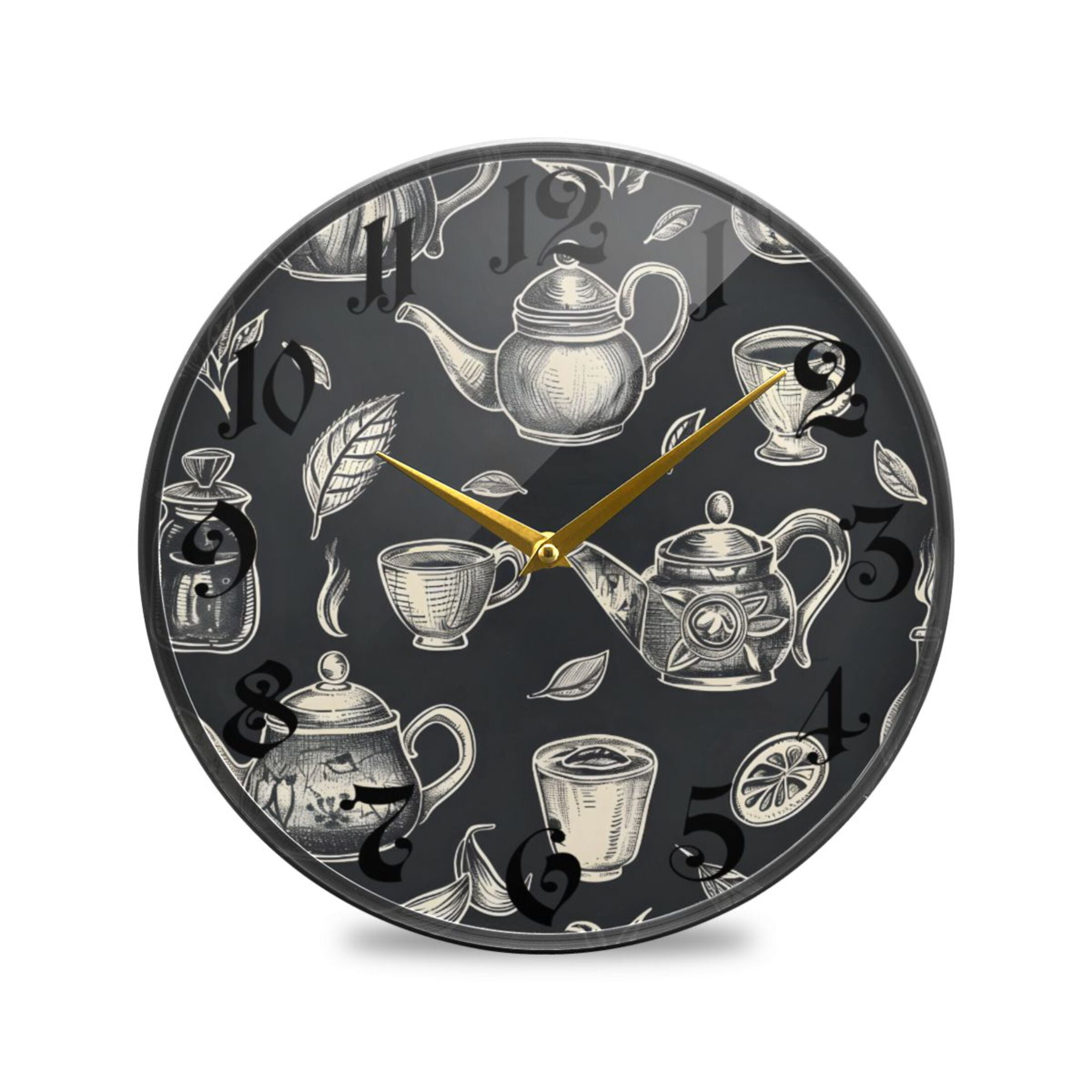 9.5" Round Silent Wall Clocks Hand Drawn Tea Pots Acrylic Battery ...