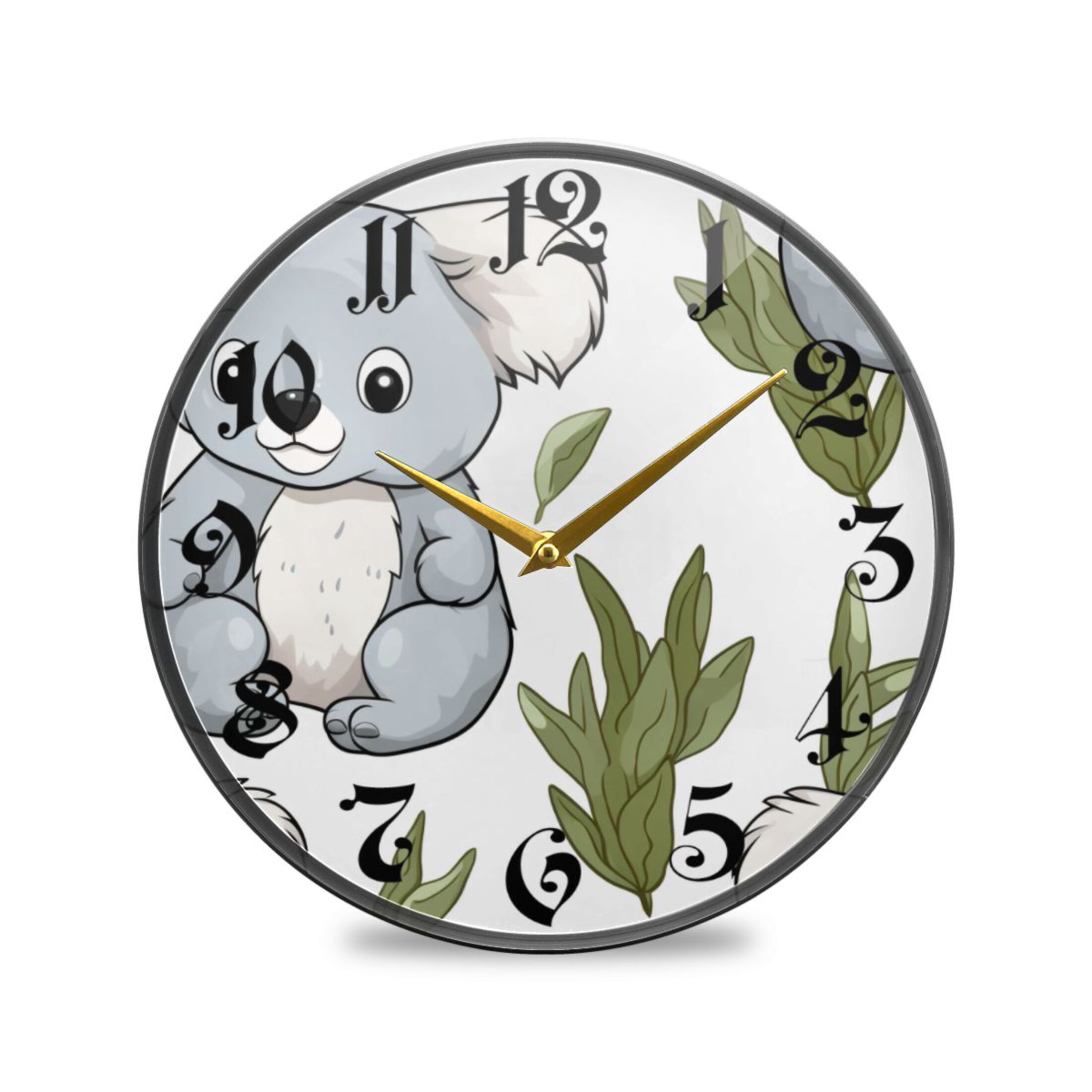 9.5" Round Silent Wall Clocks Koala with Leaves Acrylic Battery ...