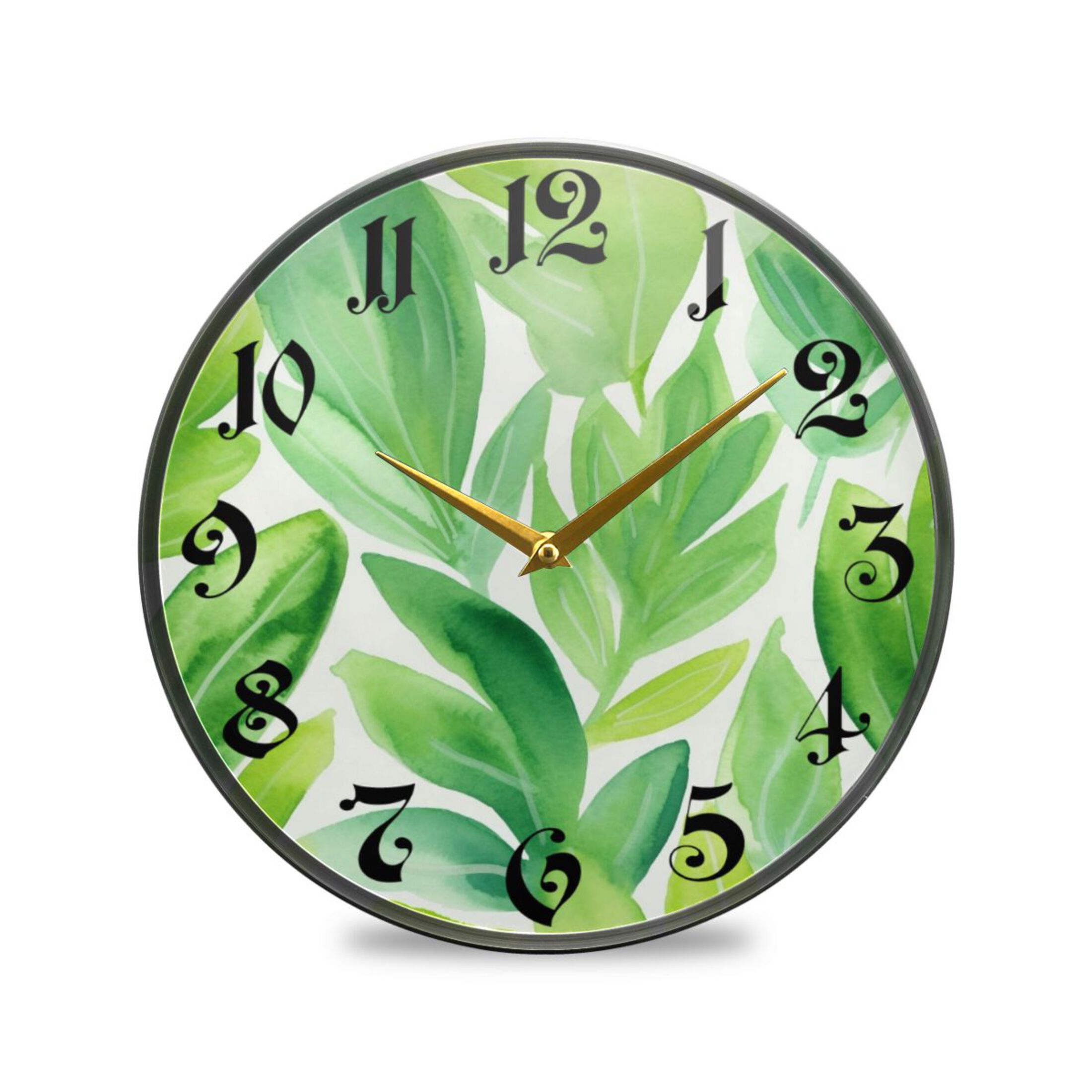 9.5" Round Silent Wall Clocks Leaves Green Acrylic Battery Operated Clock Non-Ticking Clocks ...