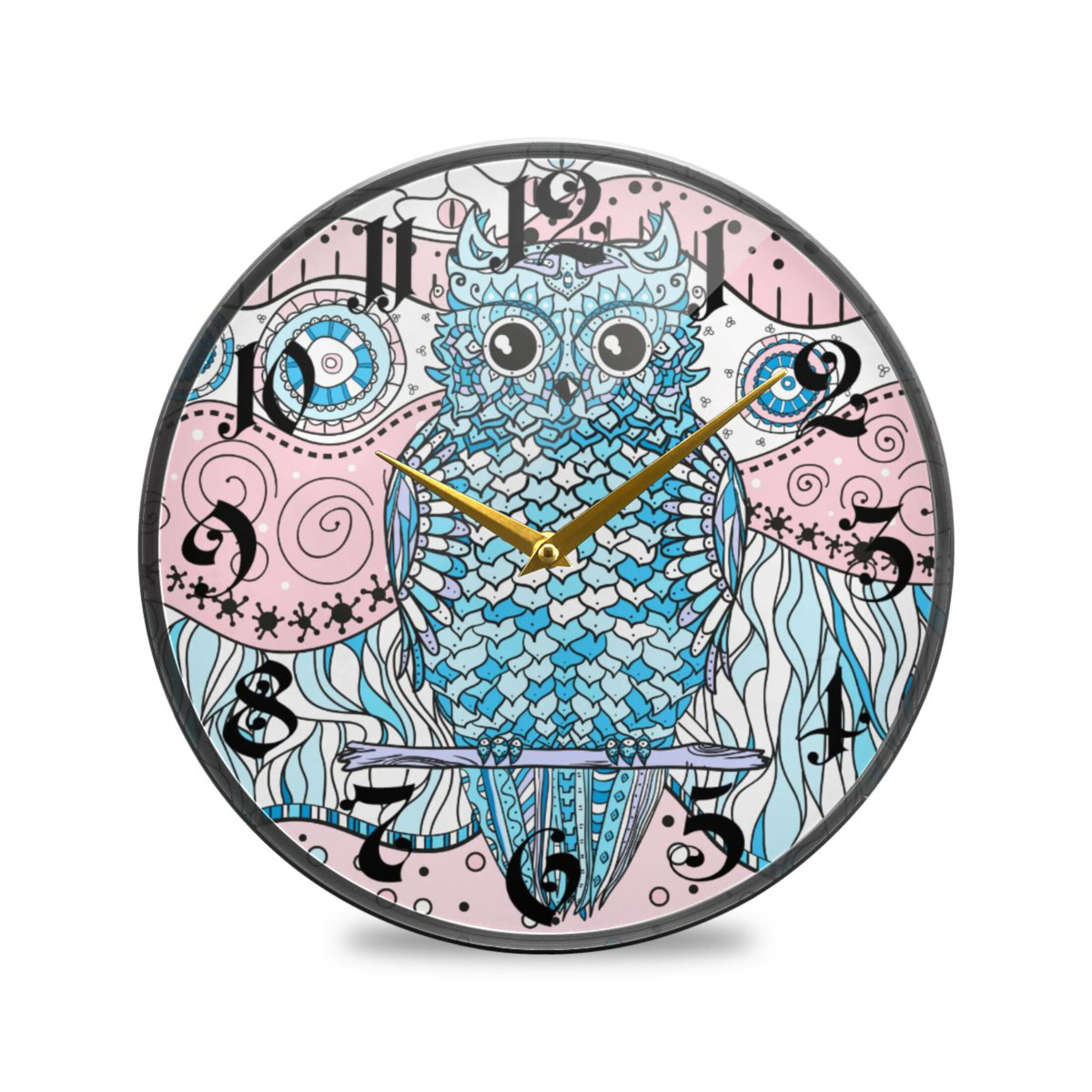 9.5" Round Silent Wall Clocks Mandala Abstract Owl Acrylic Battery ...