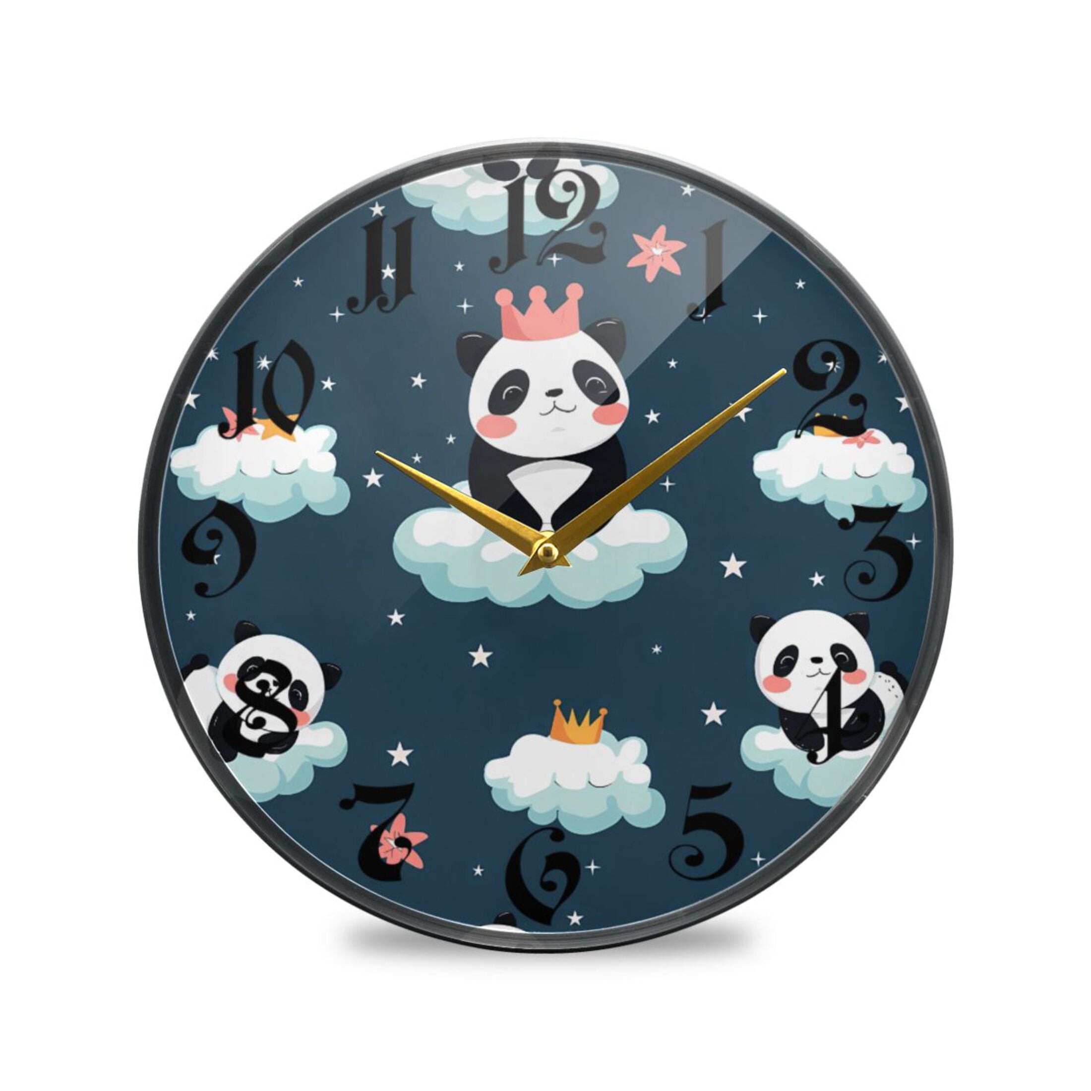 9.5" Round Silent Wall Clocks Pandas with Crown on Cloud Acrylic ...