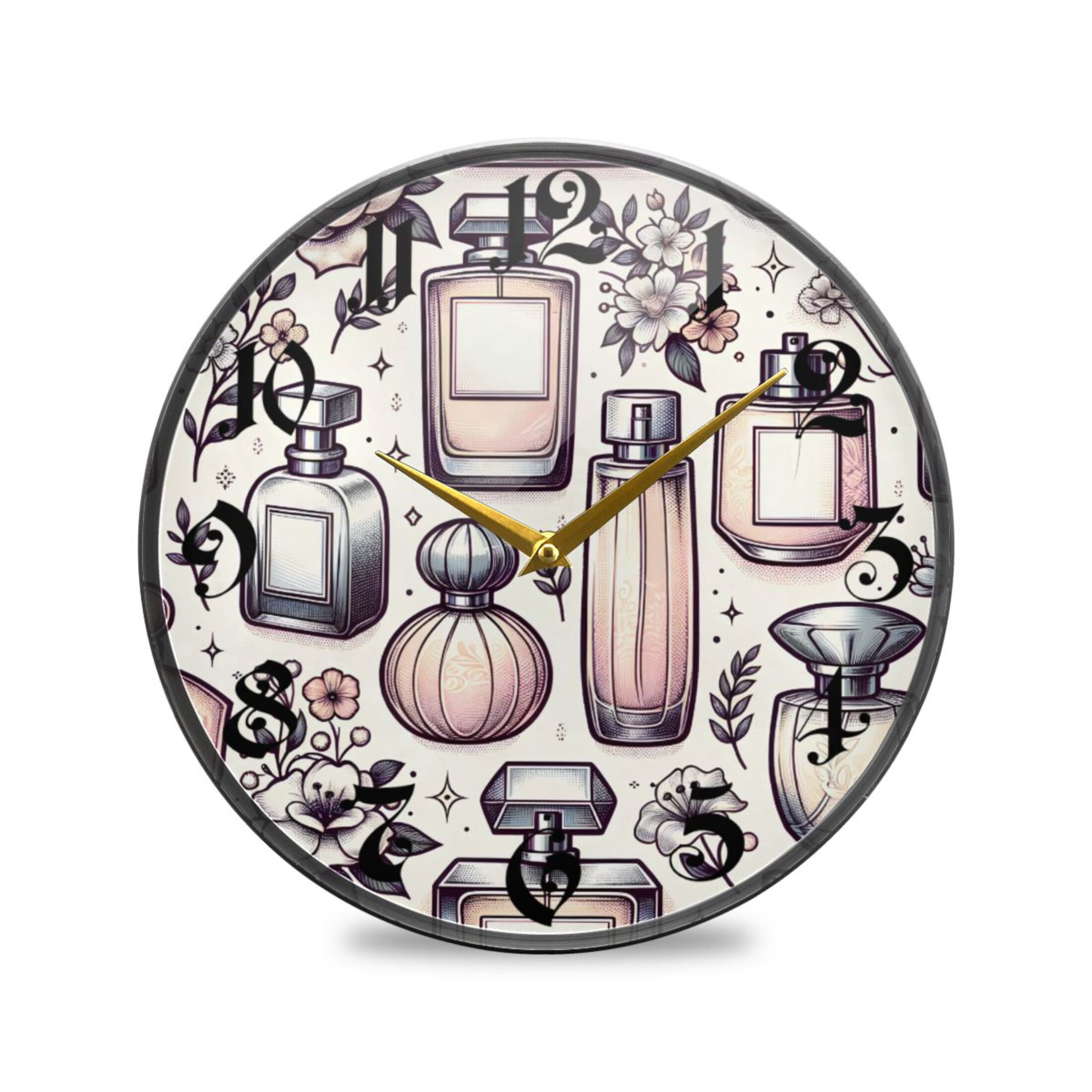 9.5" Round Silent Wall Clocks Perfume Bottle and Flower Acrylic Battery ...