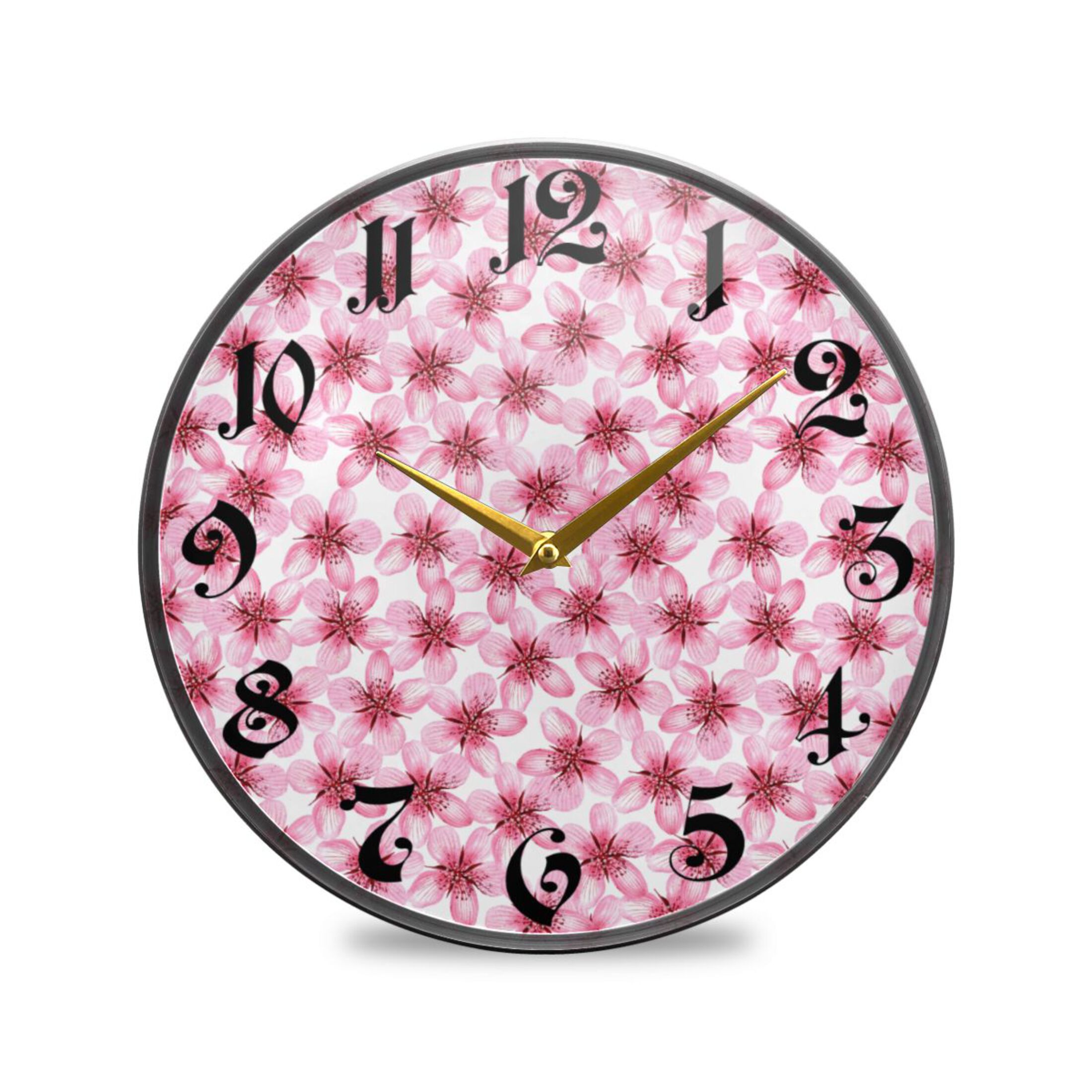 9.5" Round Silent Wall Clocks Pink Almond Flowers Acrylic Battery ...