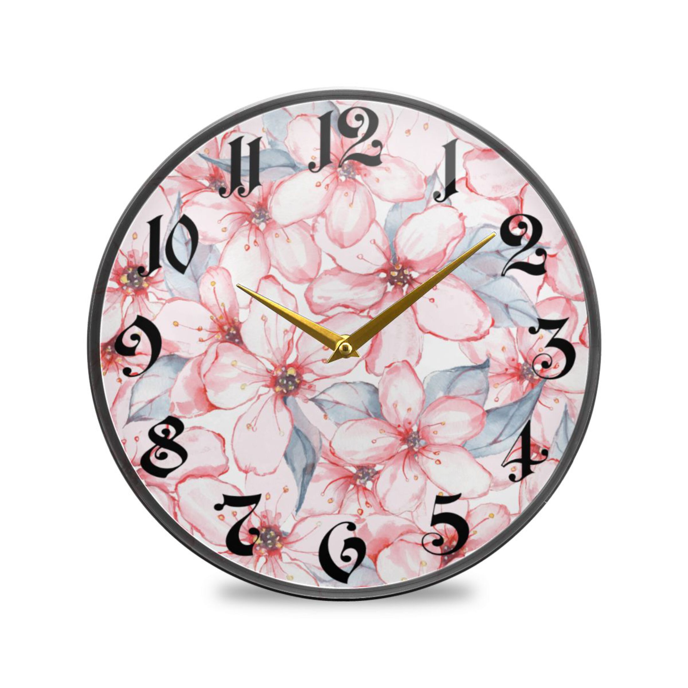 9.5" Round Silent Wall Clocks Pink Floral Acrylic Battery Operated ...