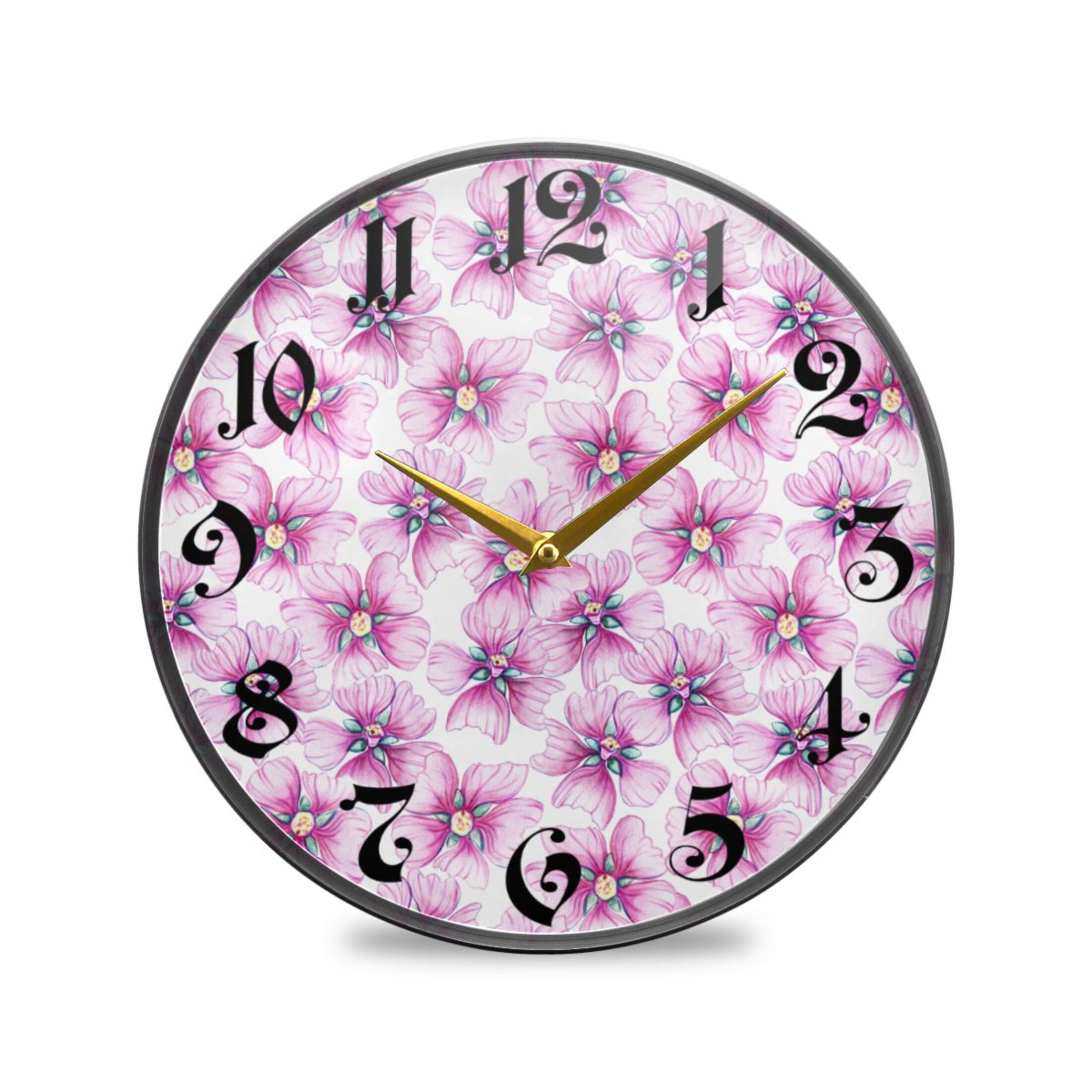 9.5" Round Silent Wall Clocks Pink Wildflowers Acrylic Battery Operated ...