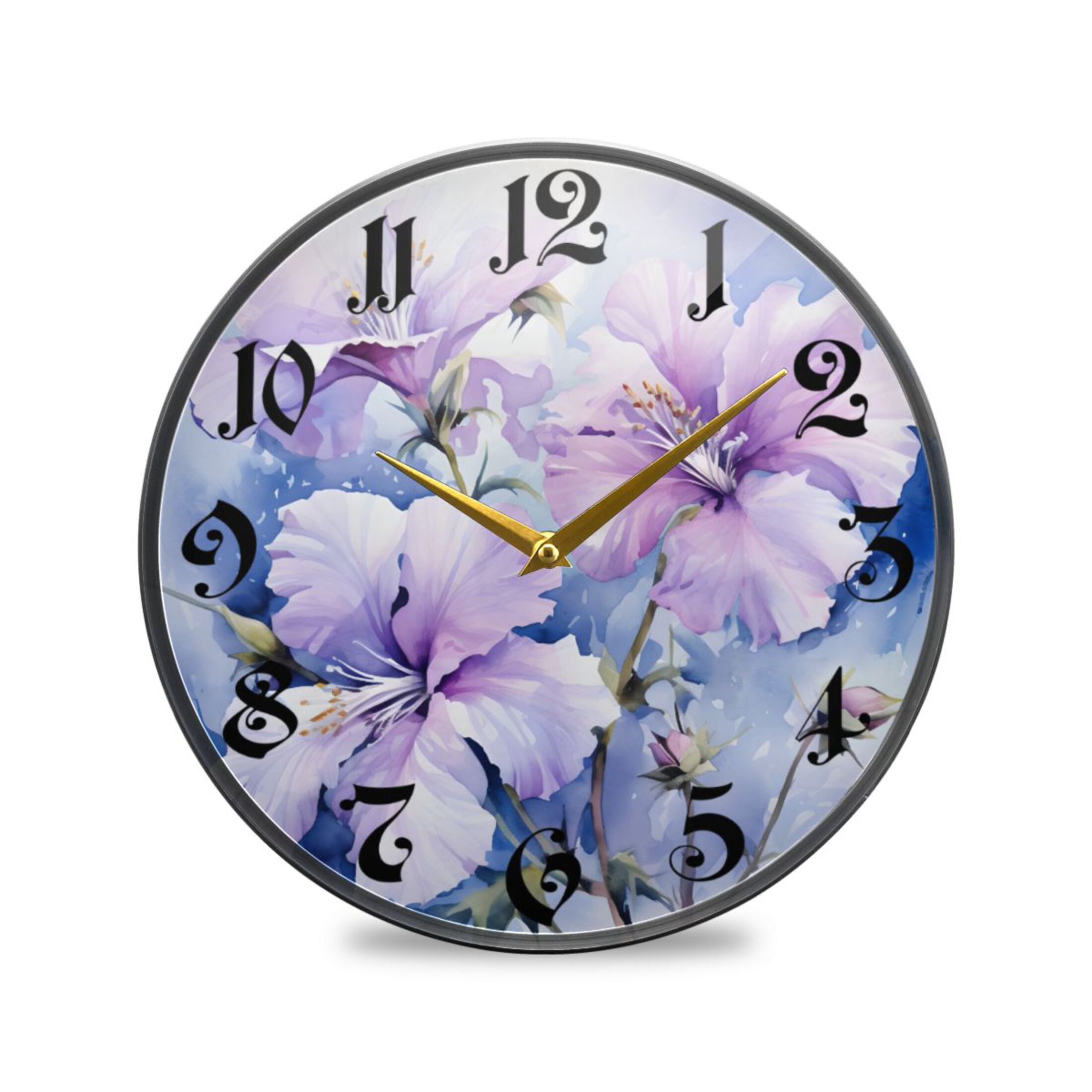9.5" Round Silent Wall Clocks Purple Flowers Acrylic Battery Operated ...