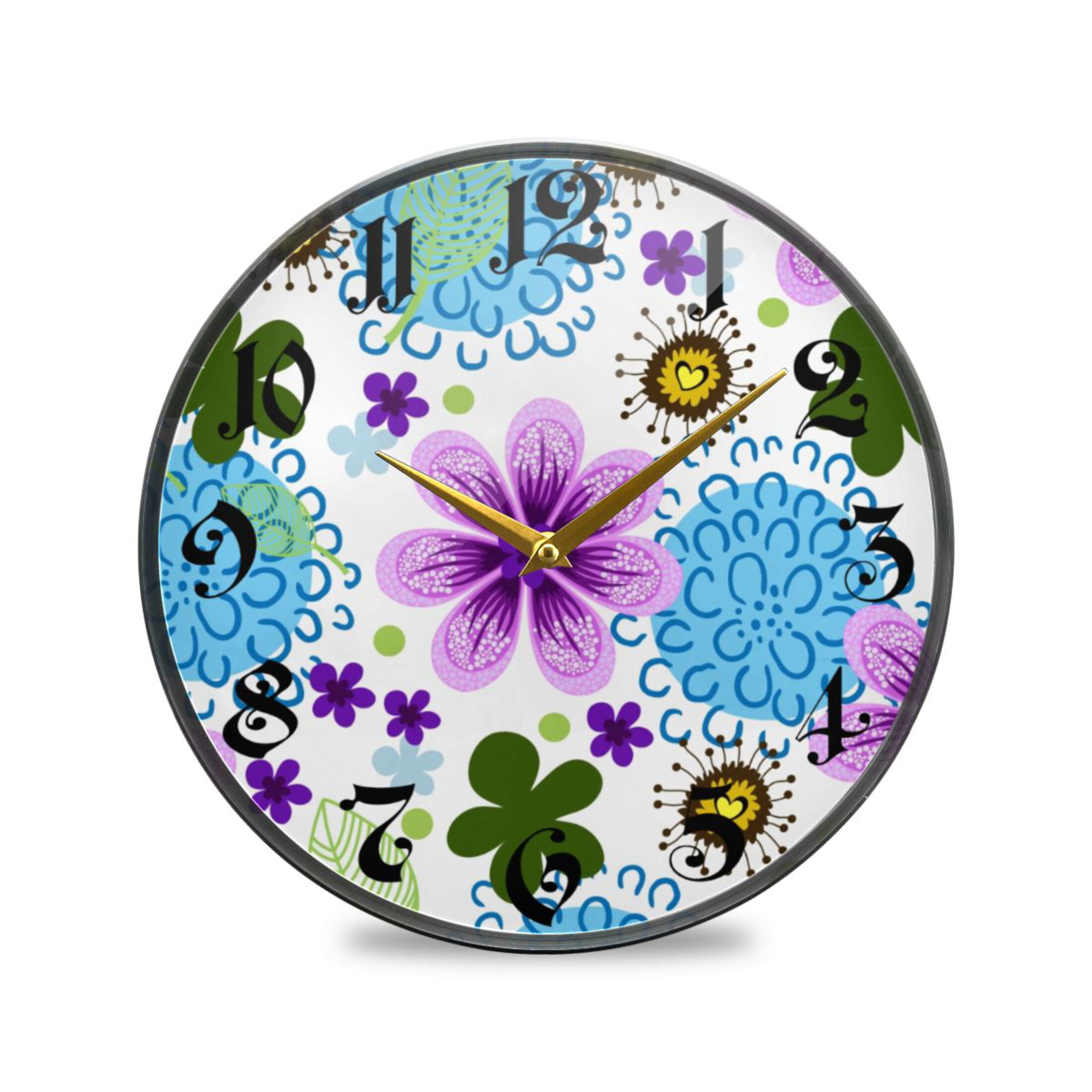 9.5" Round Silent Wall Clocks Purple and Blue Flowers Acrylic Battery ...