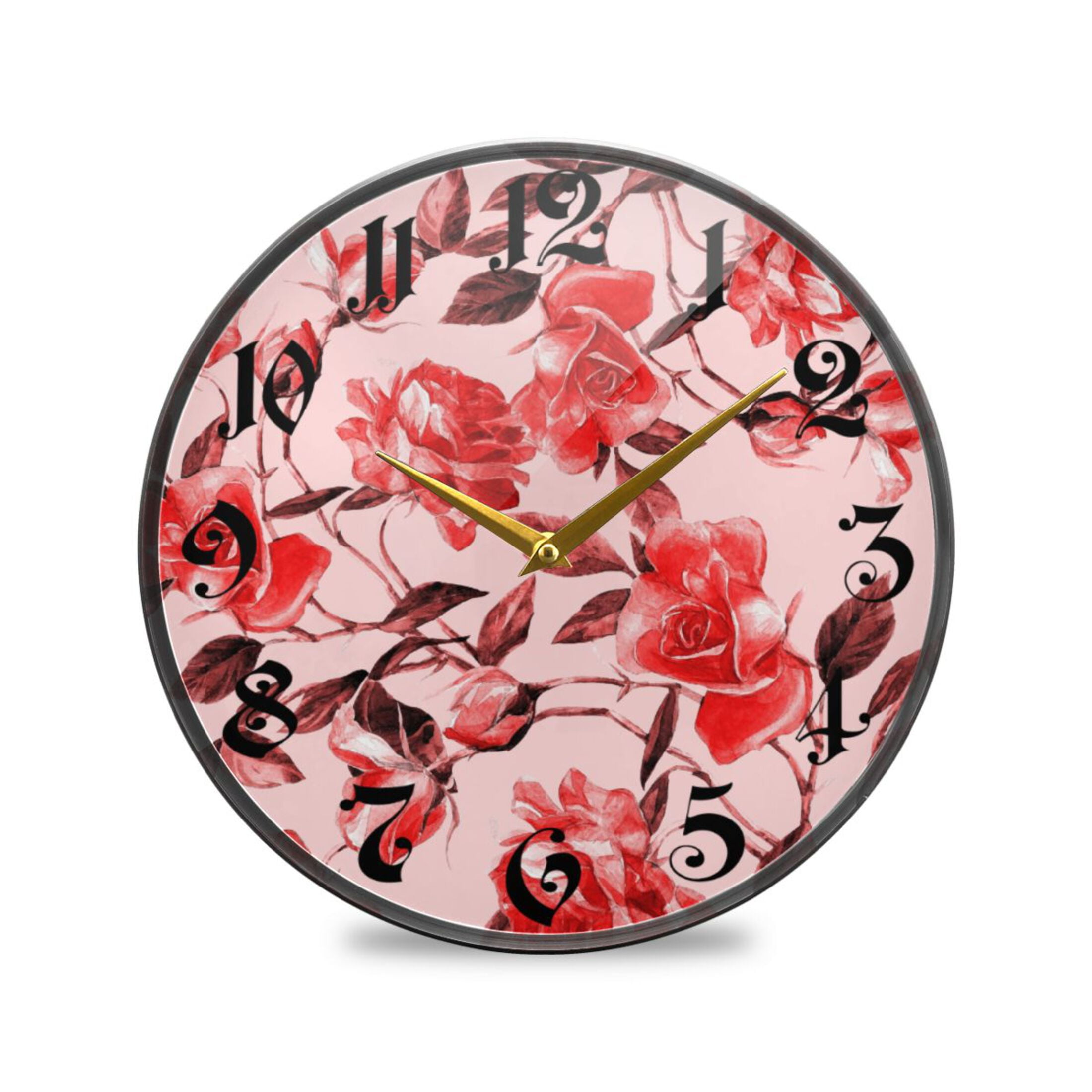 9.5" Round Silent Wall Clocks Red Roses Flowers Acrylic Battery ...