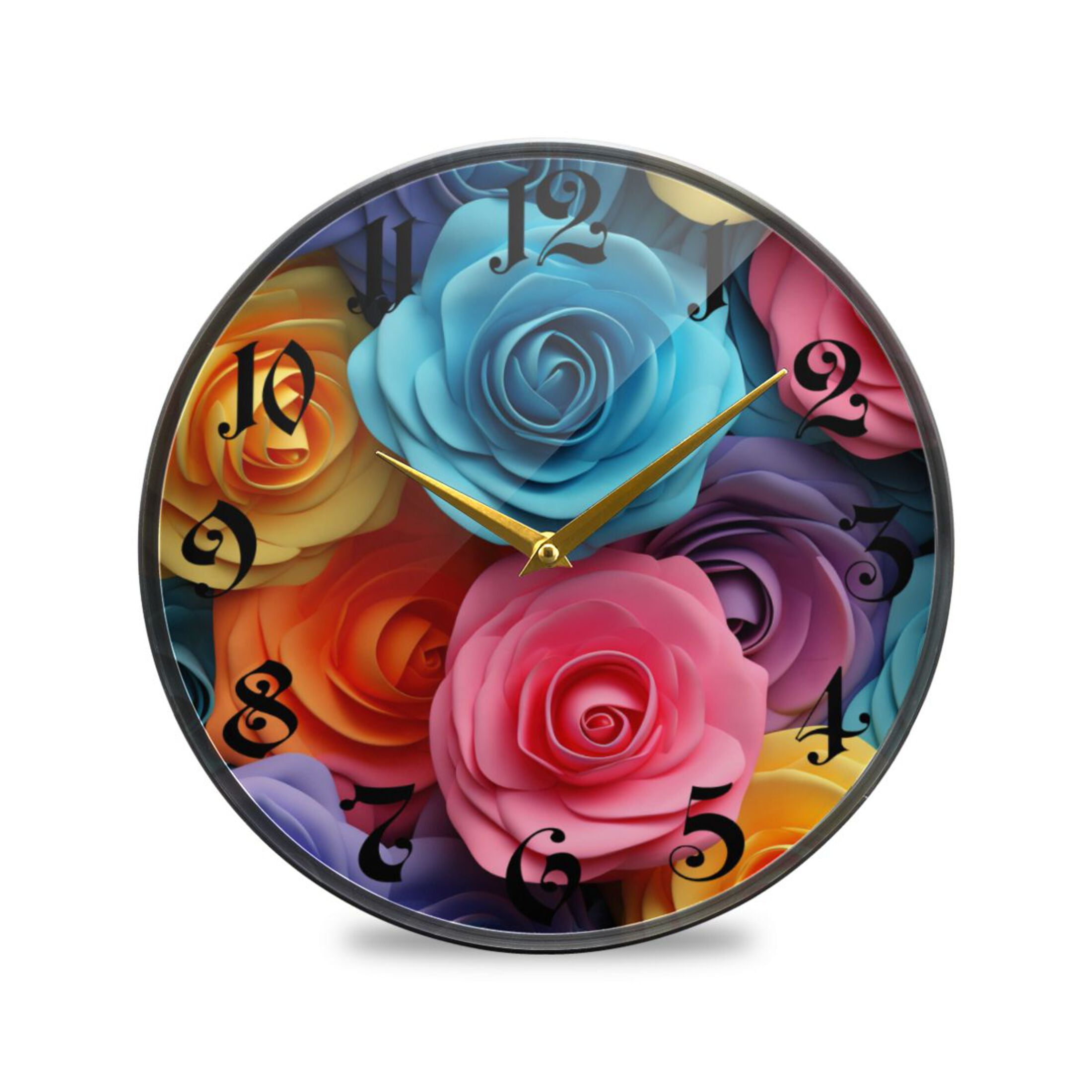 9.5" Round Silent Wall Clocks Rose Flowers Acrylic Battery Operated ...