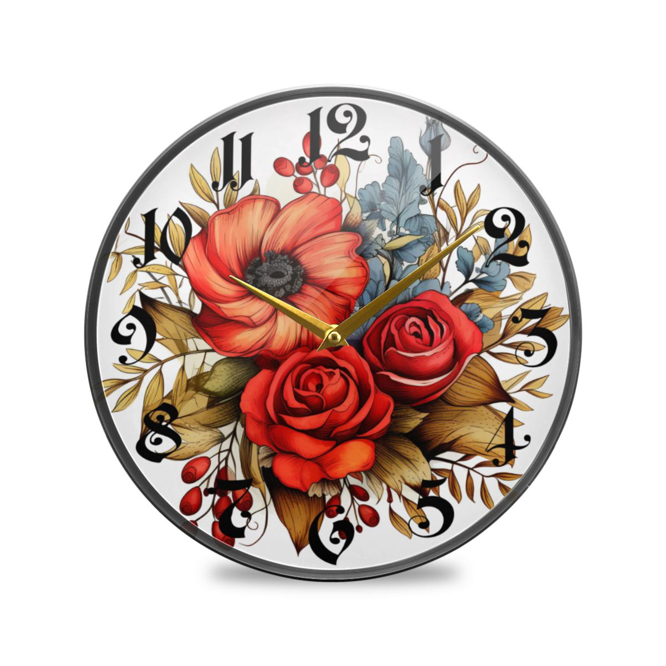 9.5" Round Silent Wall Clocks Roses Flowers Acrylic Battery Operated ...
