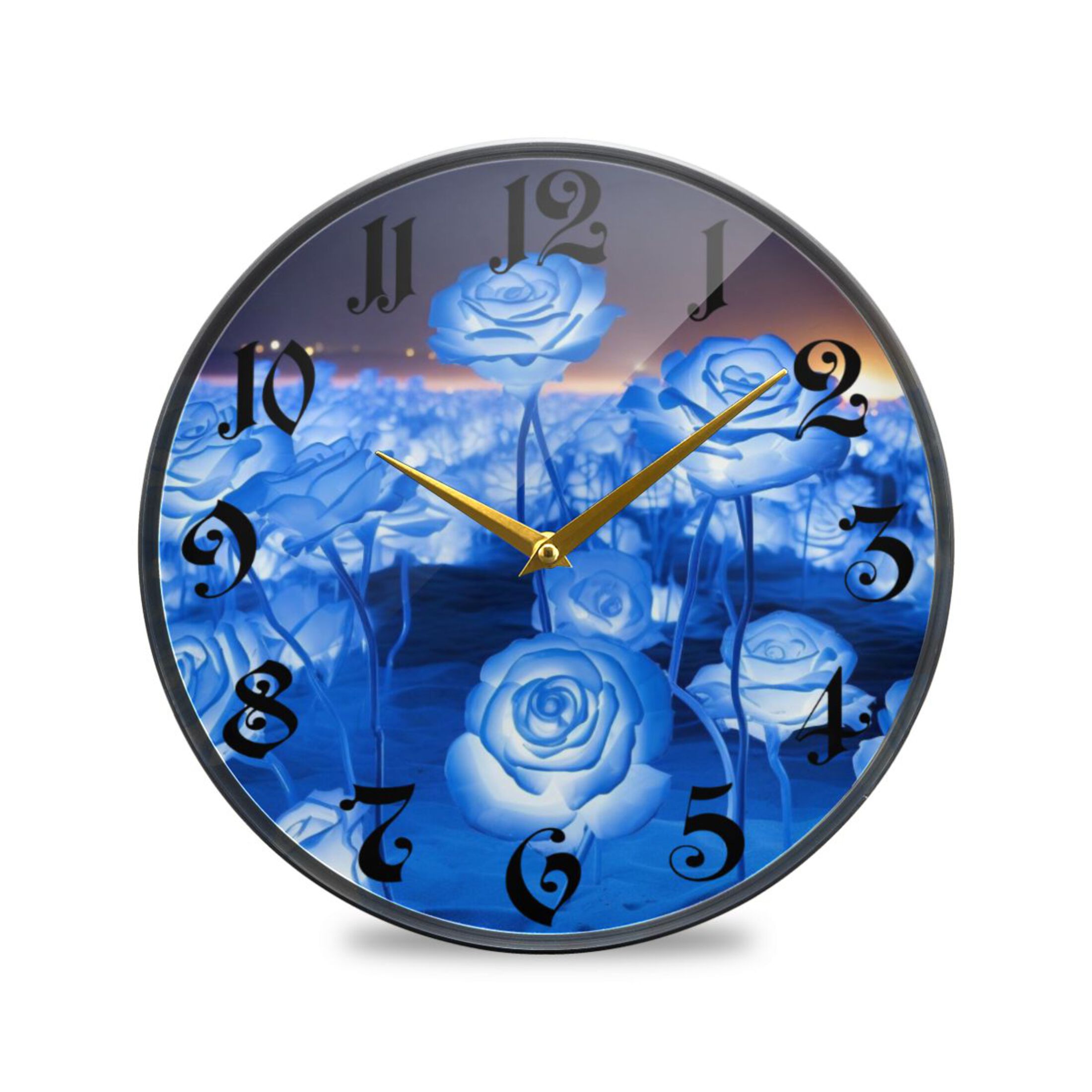 9.5" Round Silent Wall Clocks Roses Flowers Blue Acrylic Battery ...