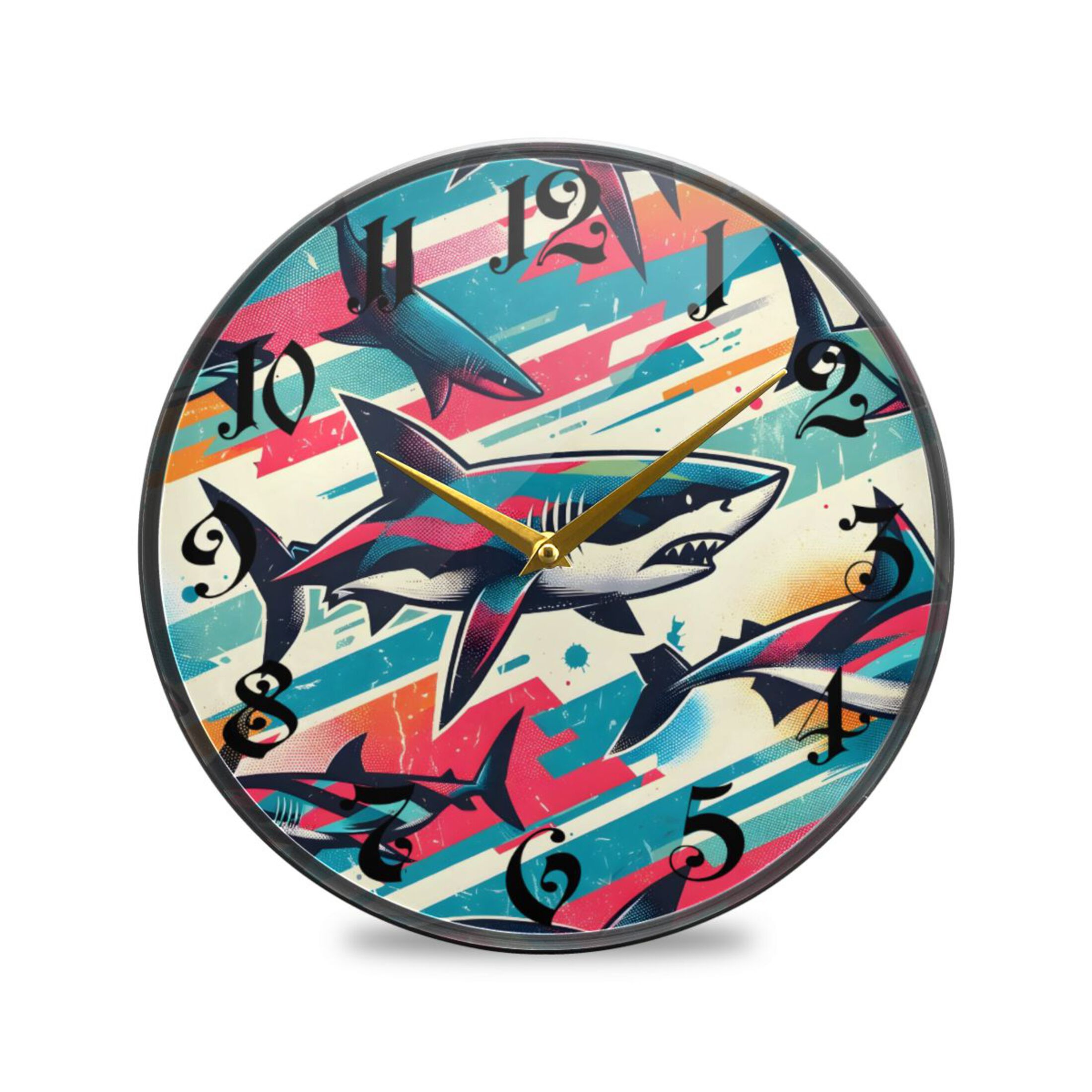 9.5" Round Silent Wall Clocks Seamless Magic Sharks Acrylic Battery ...