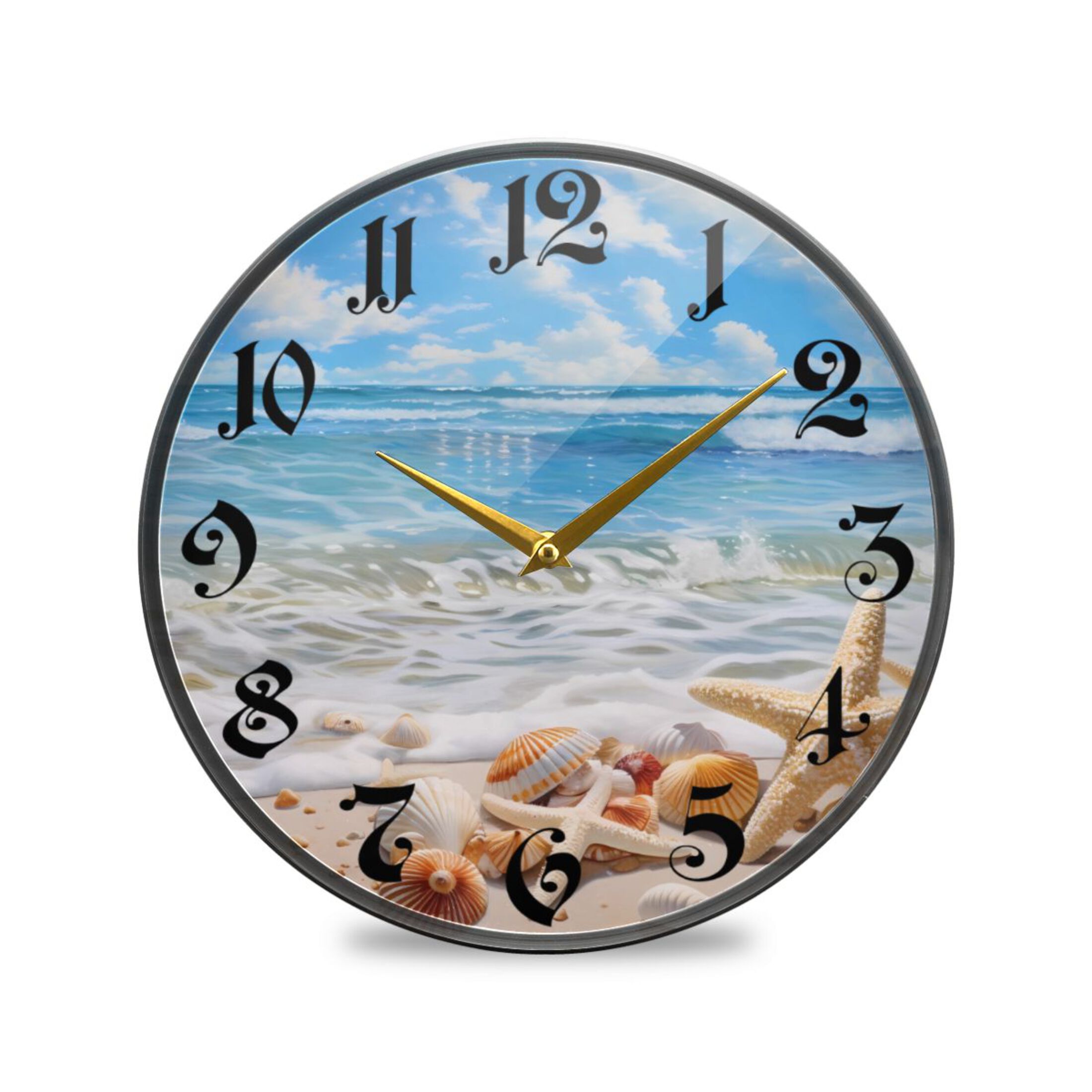 9.5" Round Silent Wall Clocks Seastar Seashell on Beach Acrylic Battery ...
