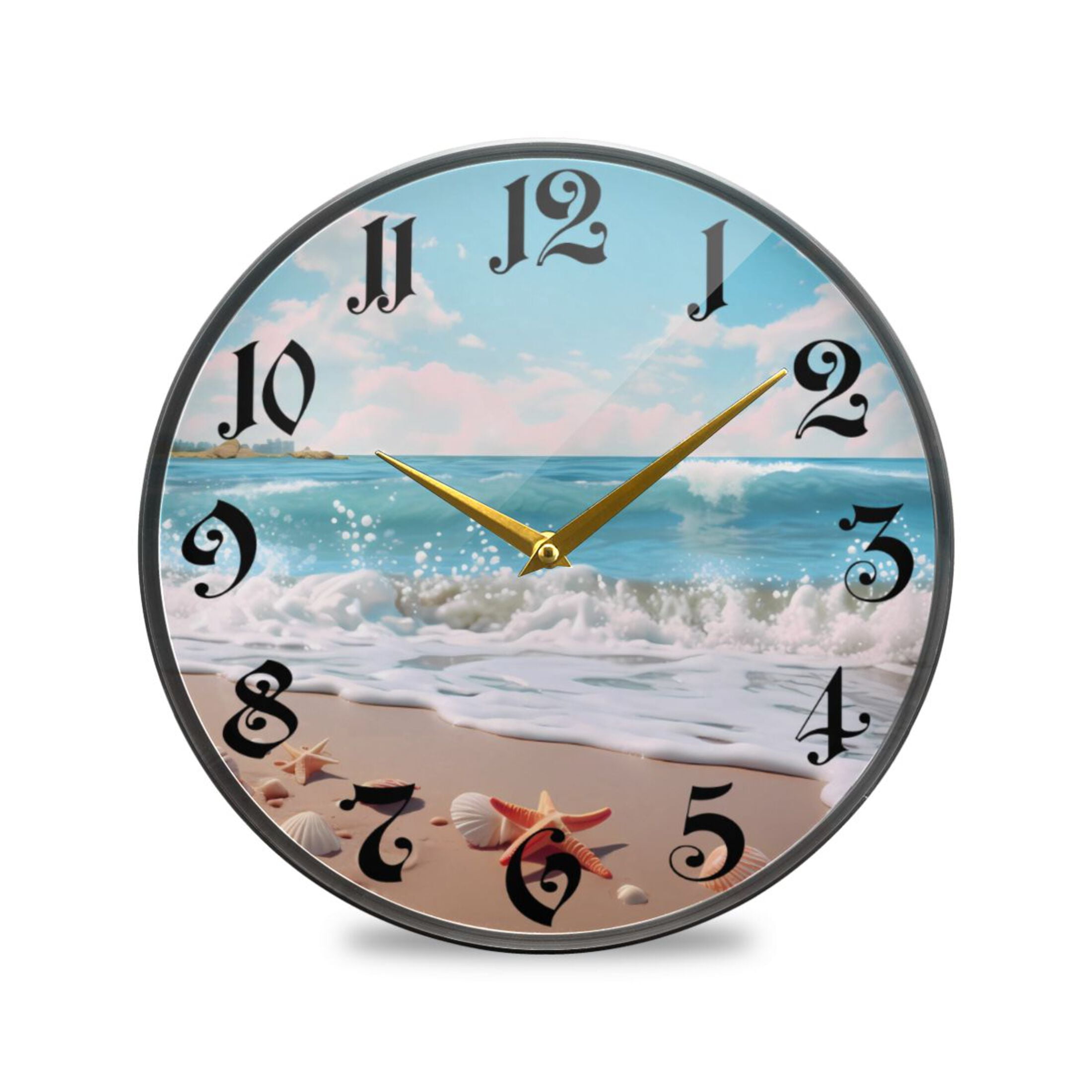9.5" Round Silent Wall Clocks Seastars Conch on Beach Acrylic Battery ...