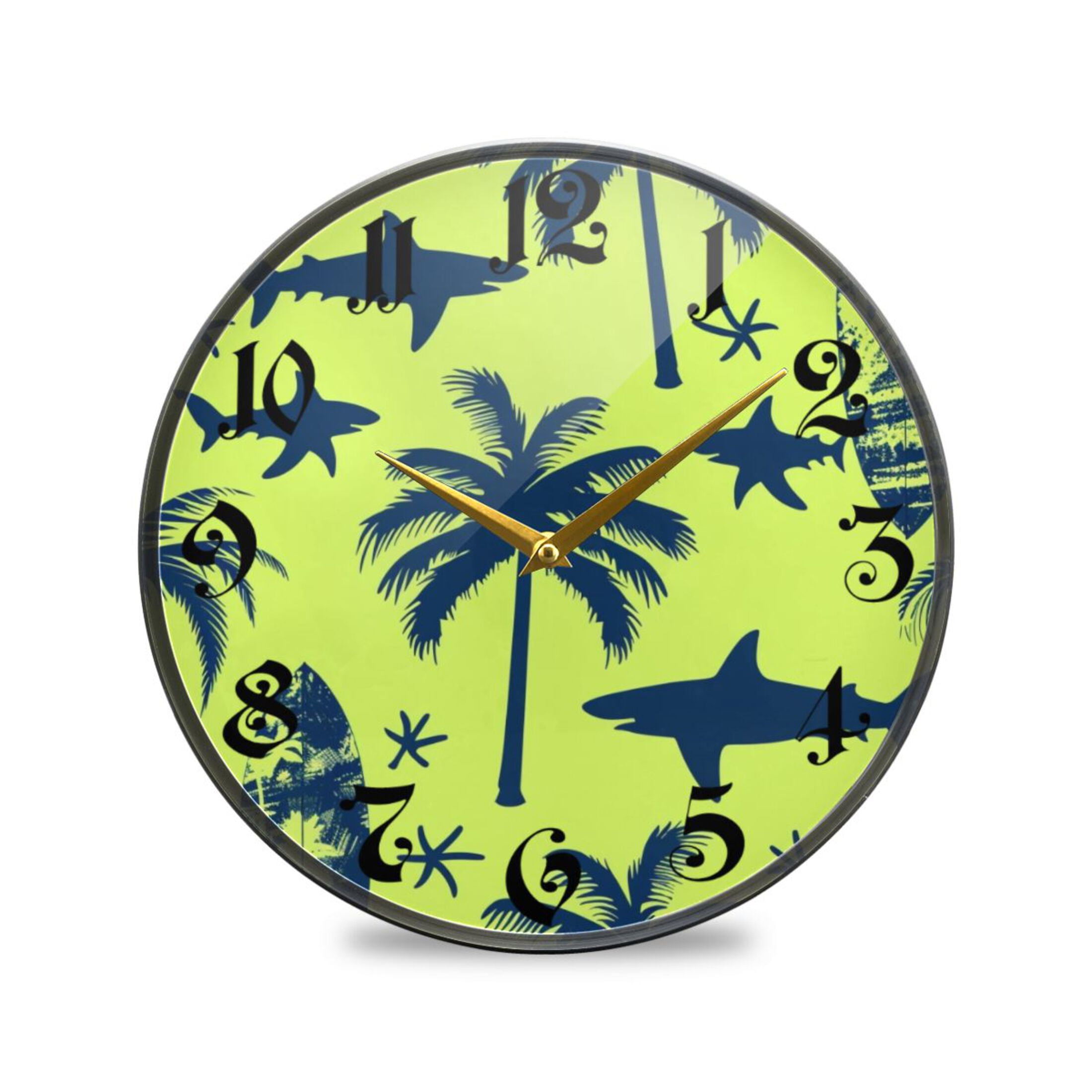 9.5" Round Silent Wall Clocks Shark and Palm Tree Acrylic Battery ...