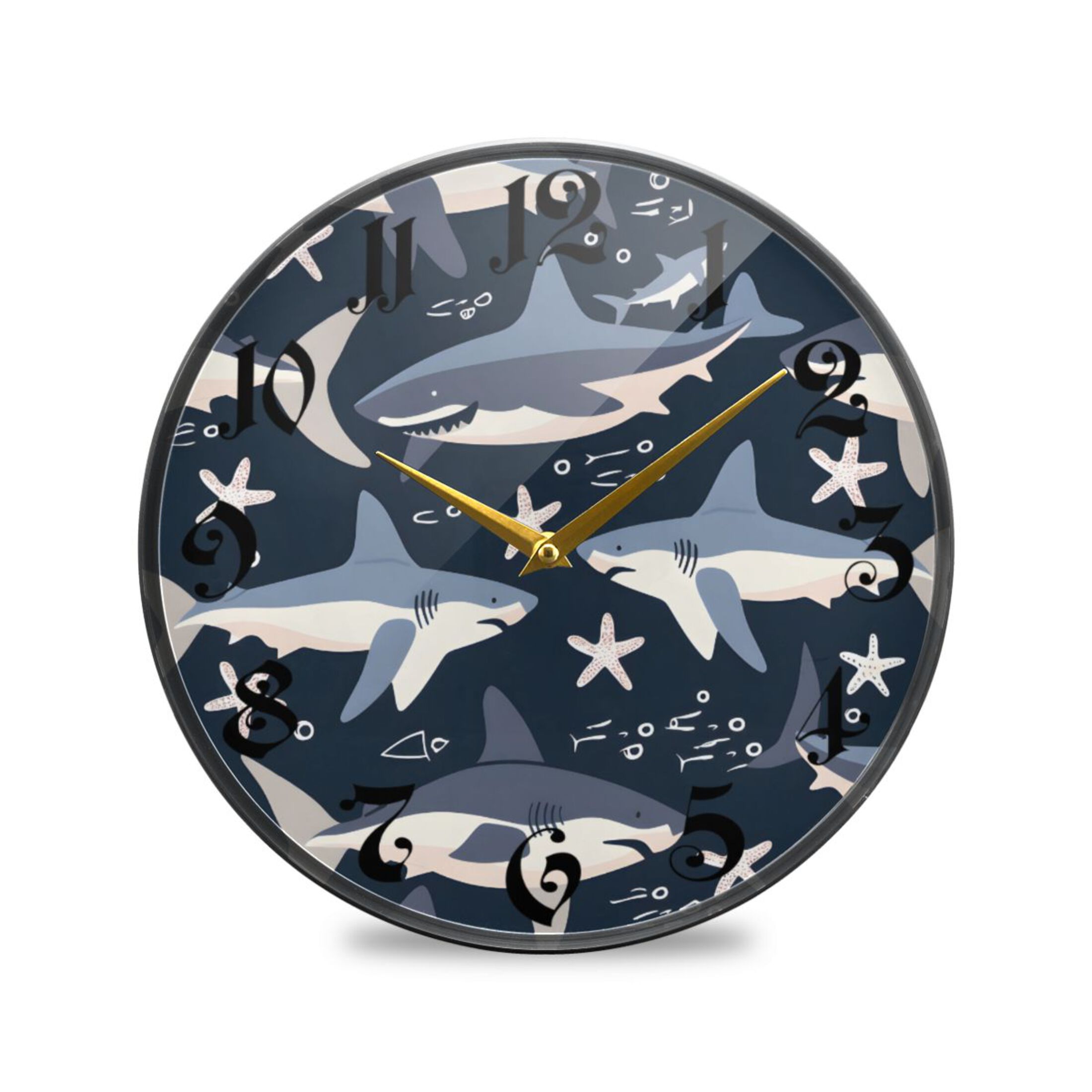 9.5" Round Silent Wall Clocks Sharks and Sea Stars Acrylic Battery ...