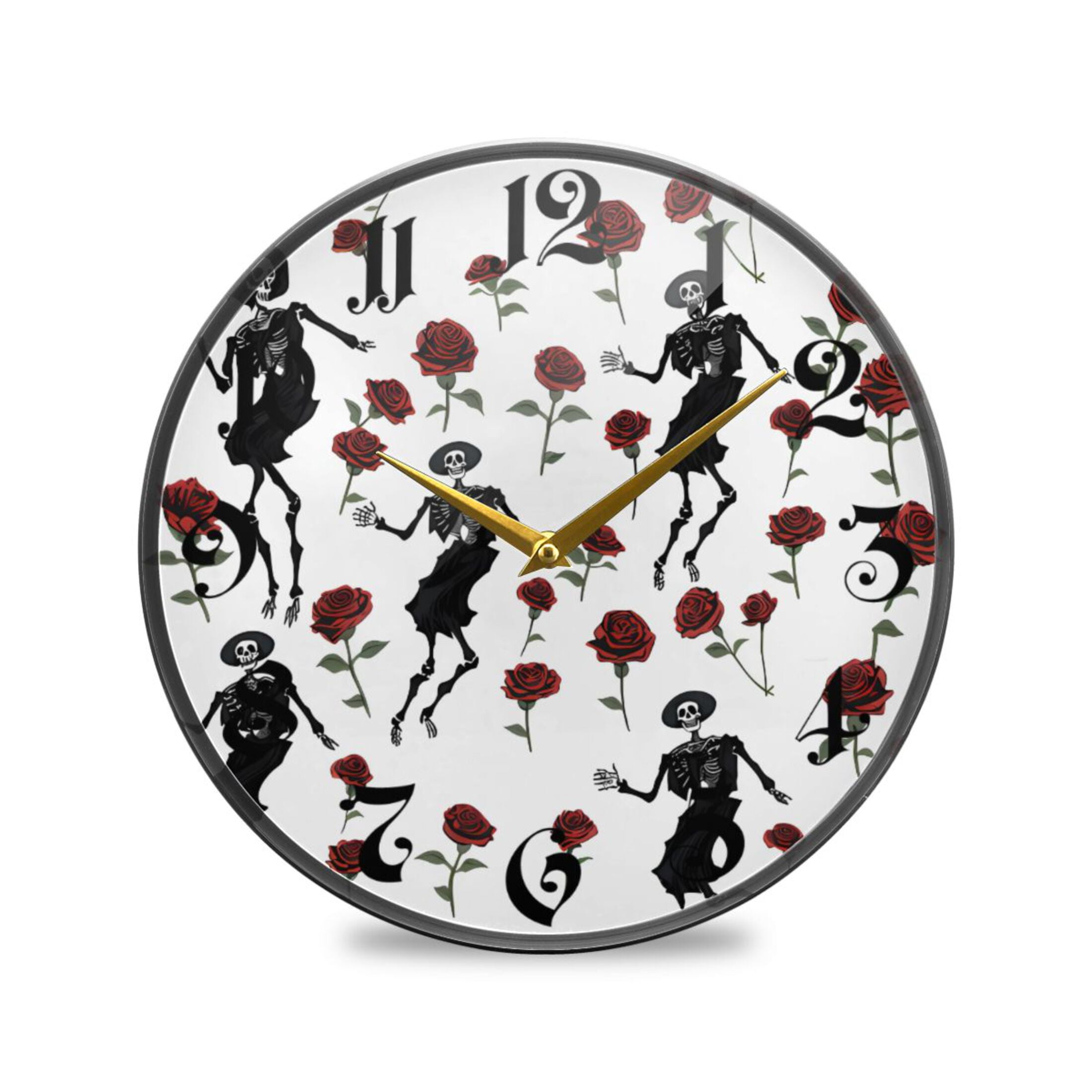 9.5" Round Silent Wall Clocks Skeletons Dancing with Roses Flowers ...