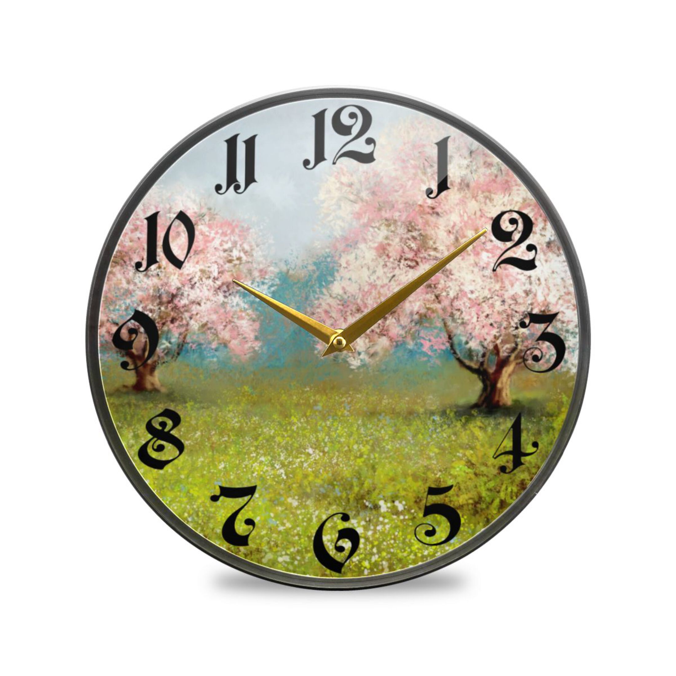 9.5" Round Silent Wall Clocks Spring Landscape with Pink Tree Acrylic ...