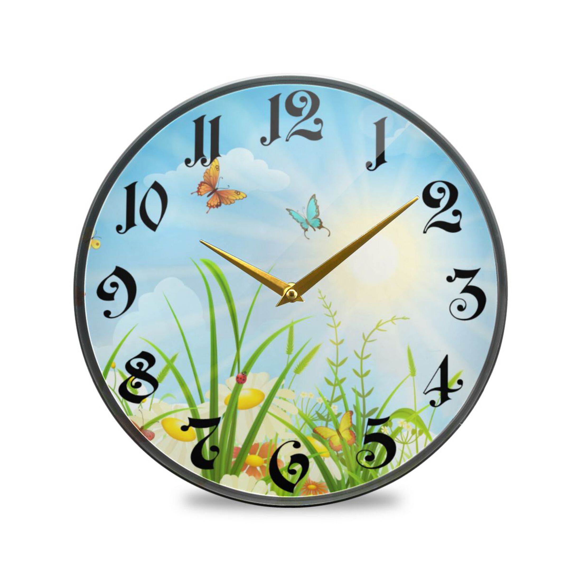 9.5" Round Silent Wall Clocks Spring Sky Butterfly Flowers Acrylic ...