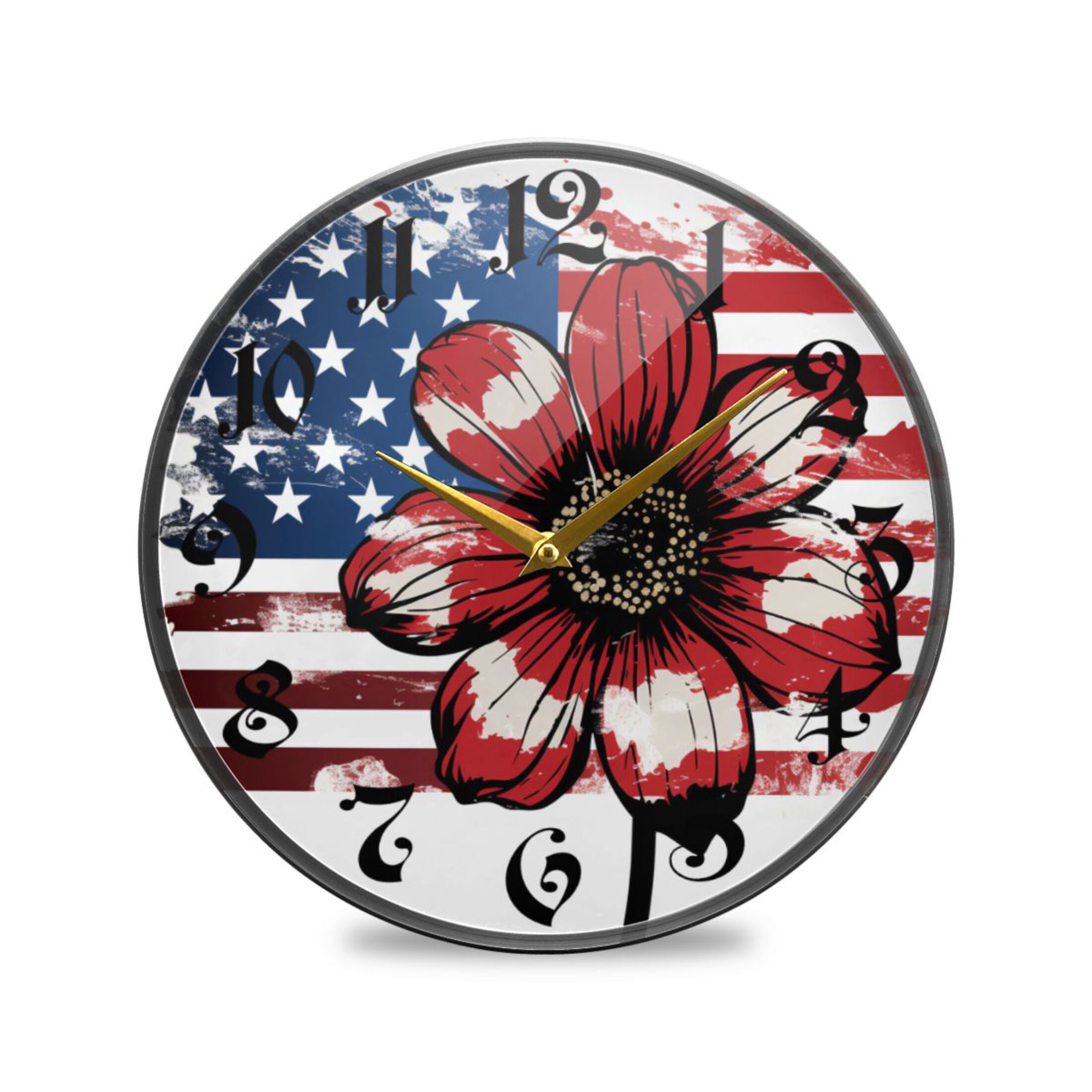 9.5" Round Silent Wall Clocks Sunflower with Flag Acrylic Battery ...