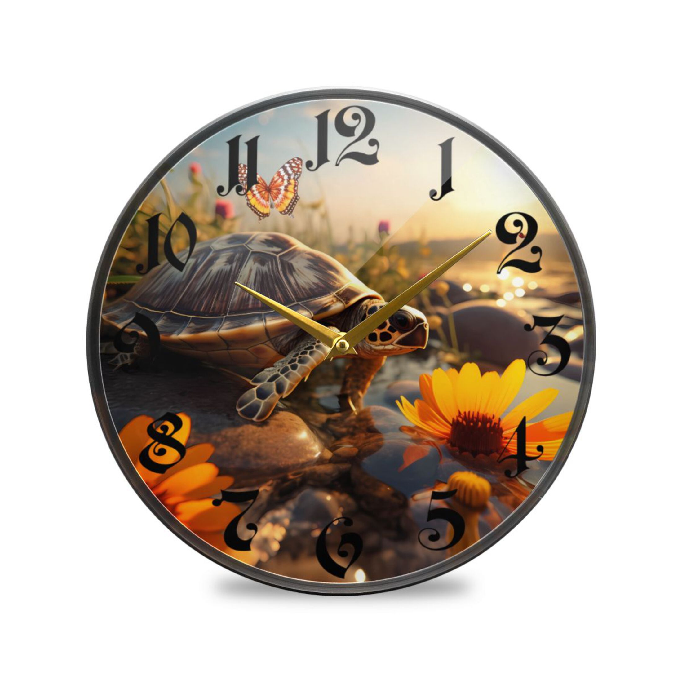 9.5" Round Silent Wall Clocks Sunset Turtle Floral Acrylic Battery Operated Clock Non-Ticking ...