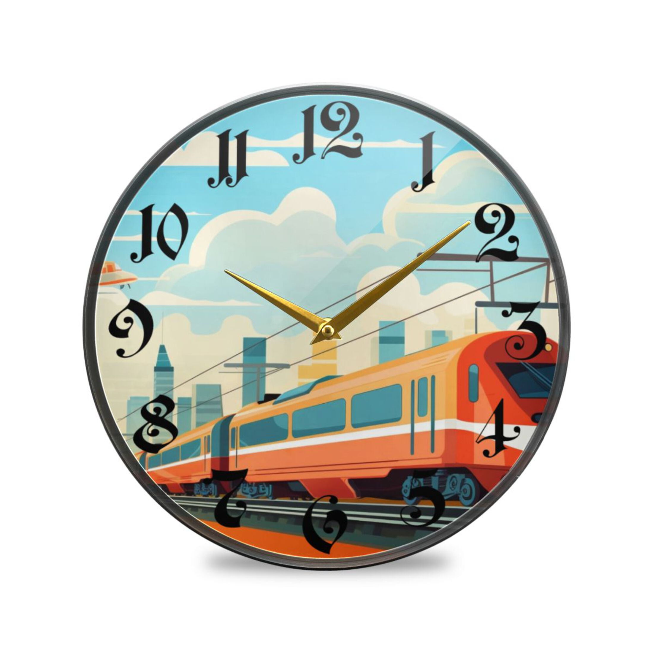 9.5" Round Silent Wall Clocks Train Landscape Acrylic Battery Operated ...