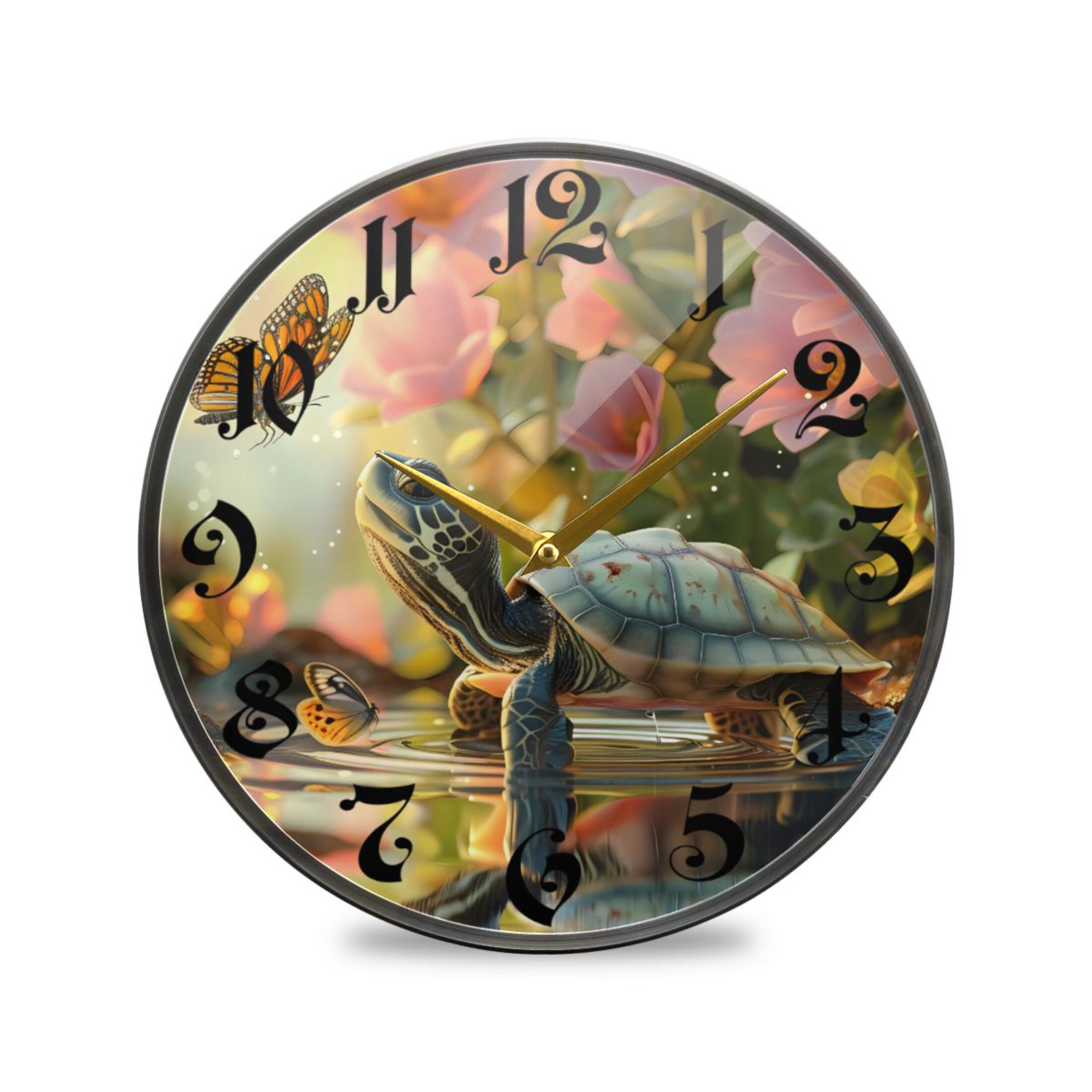 9.5" Round Silent Wall Clocks Turtle Butterfly Floral Acrylic Battery ...