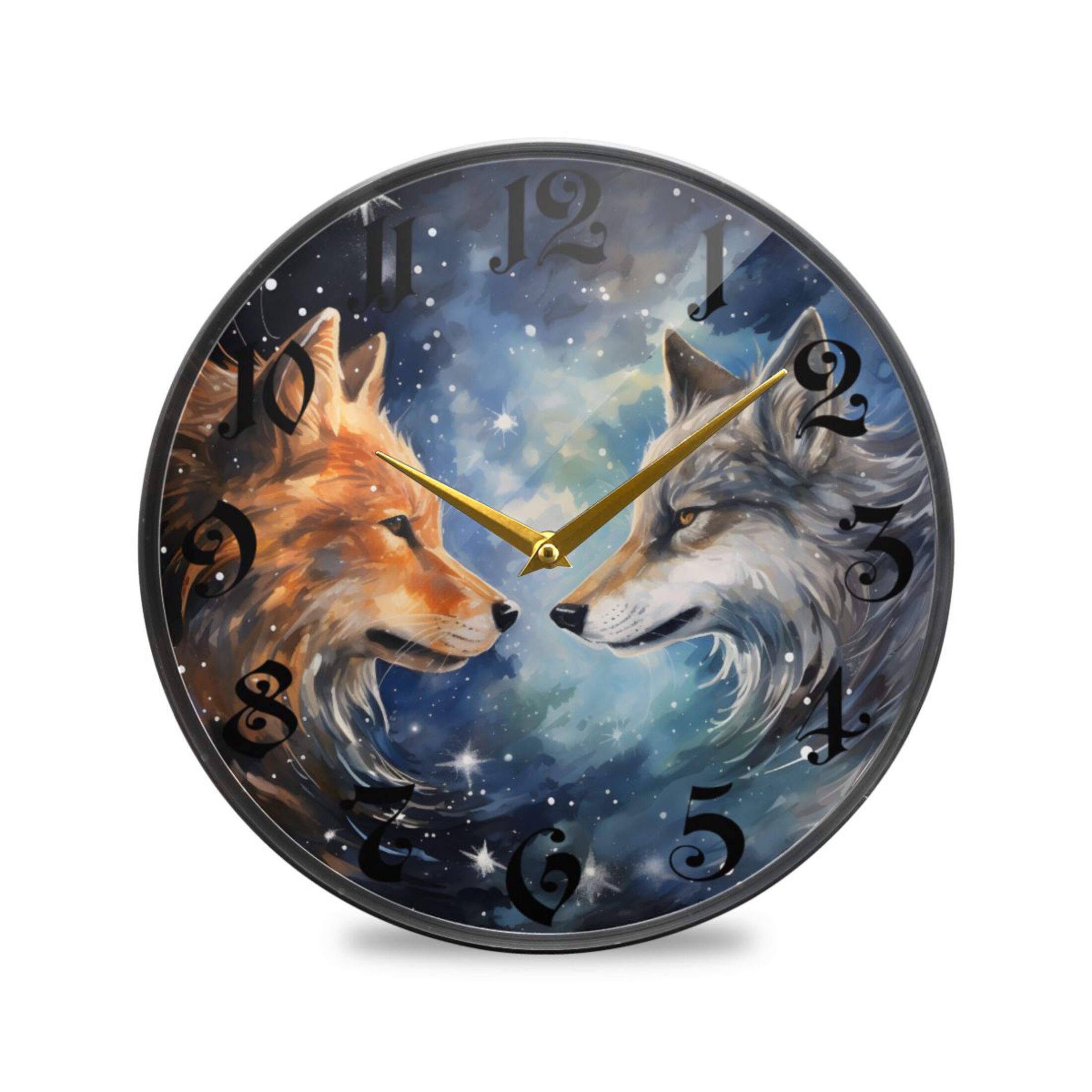 9.5" Round Silent Wall Clocks Two Wolf in Starry Sky Acrylic Battery ...