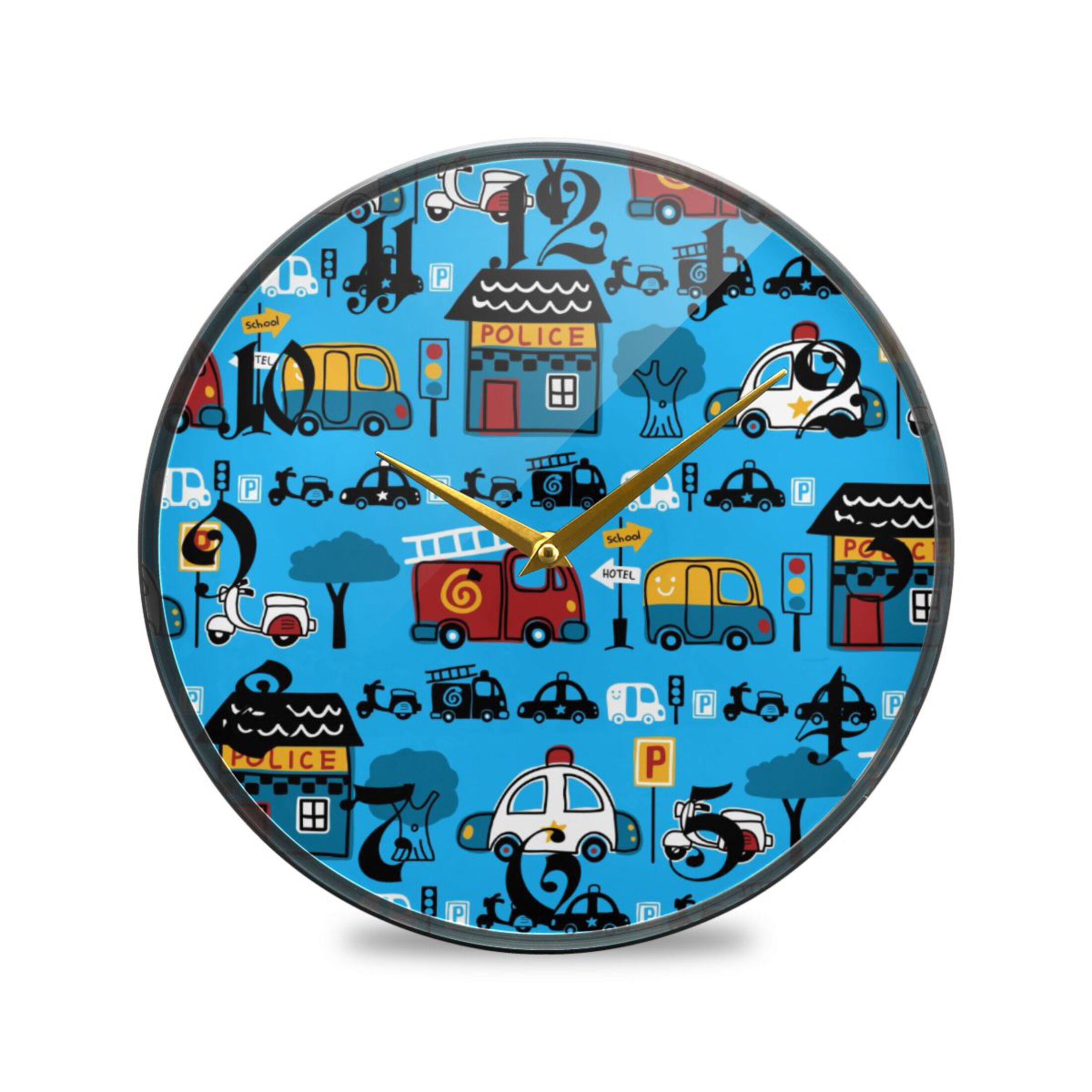 9.5" Round Silent Wall Clocks Vehicles Cartoon Trucks Cars Acrylic ...