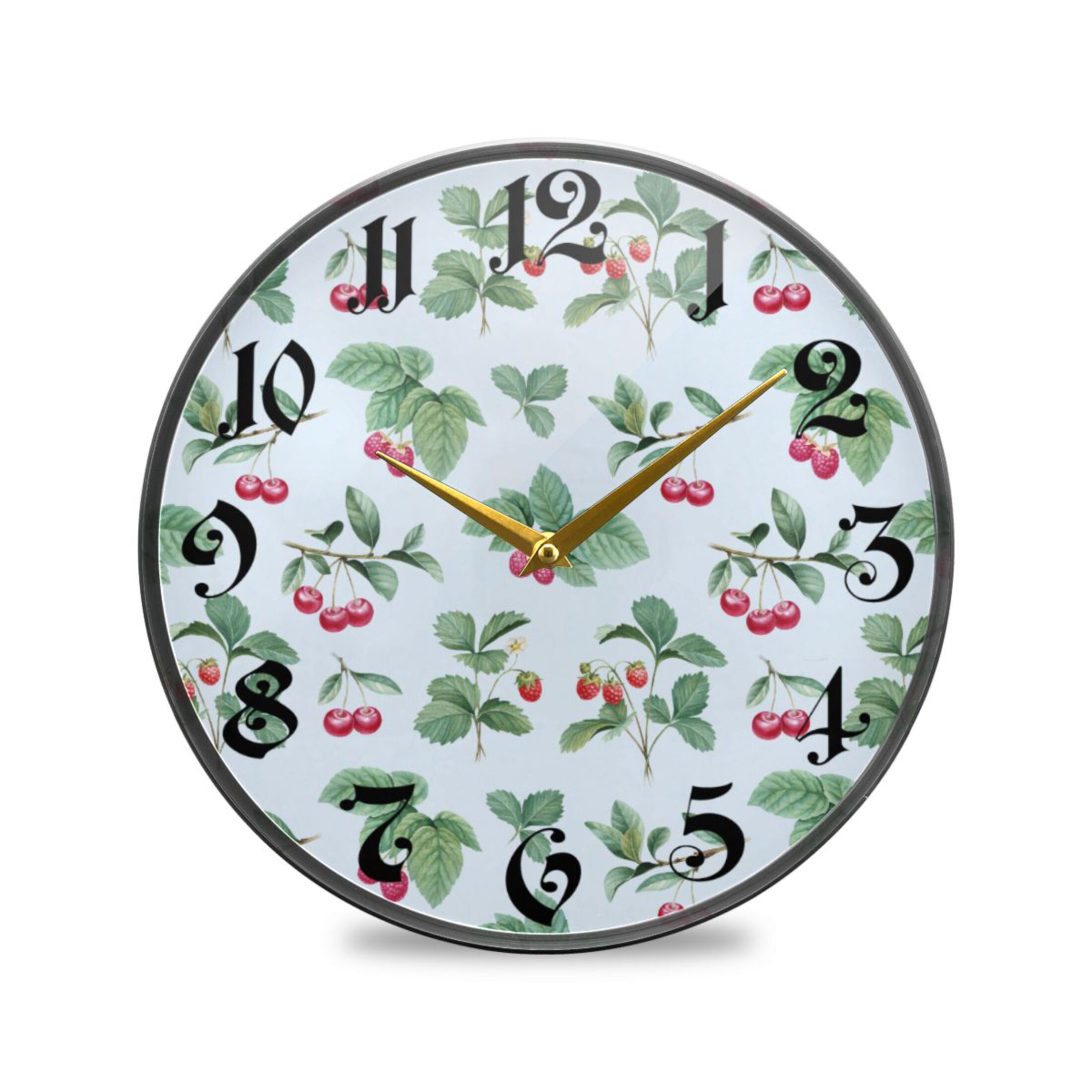 9.5" Round Silent Wall Clocks Watercolor Cherry and Leaves Acrylic ...