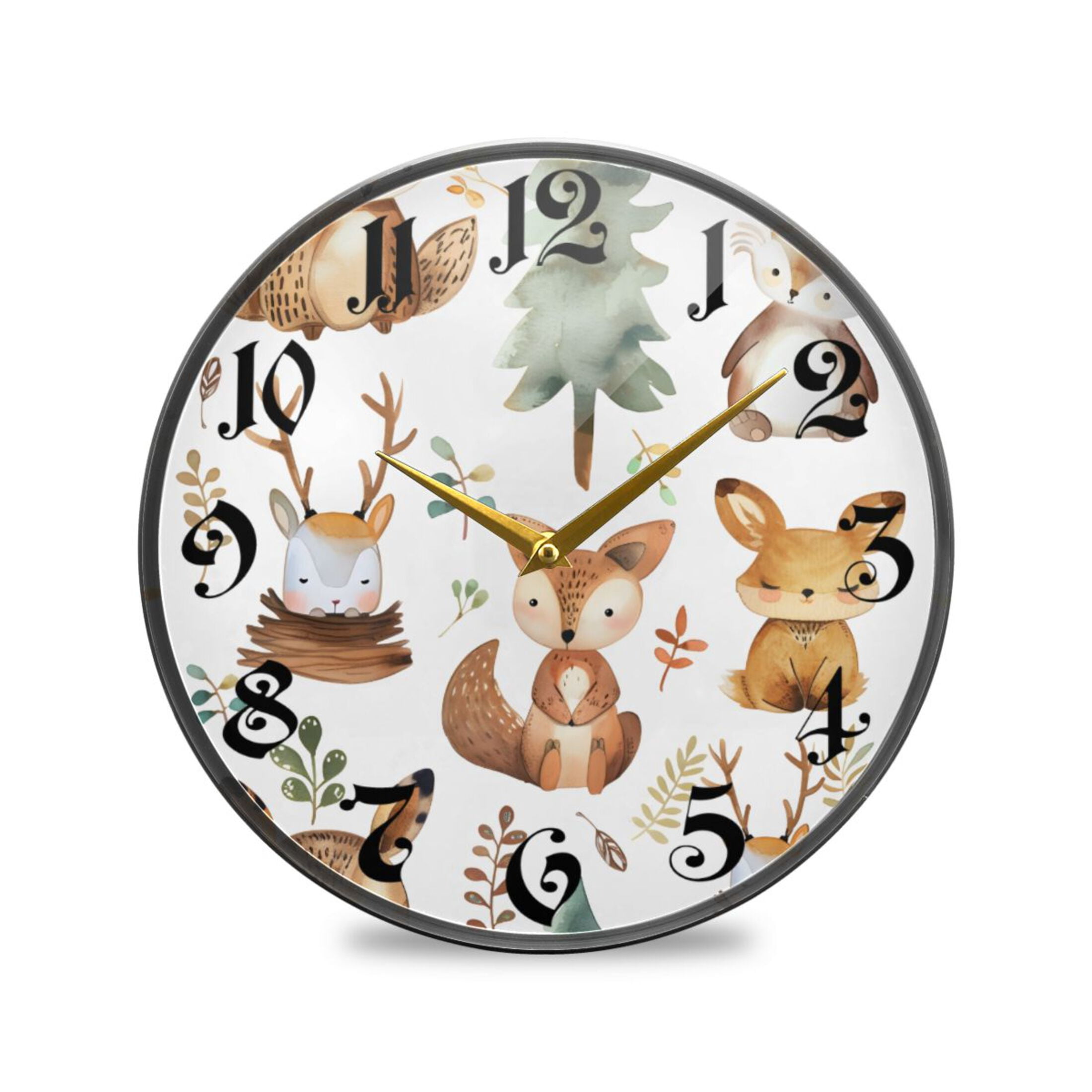 9.5" Round Silent Wall Clocks Watercolor Fox Forest Acrylic Battery ...
