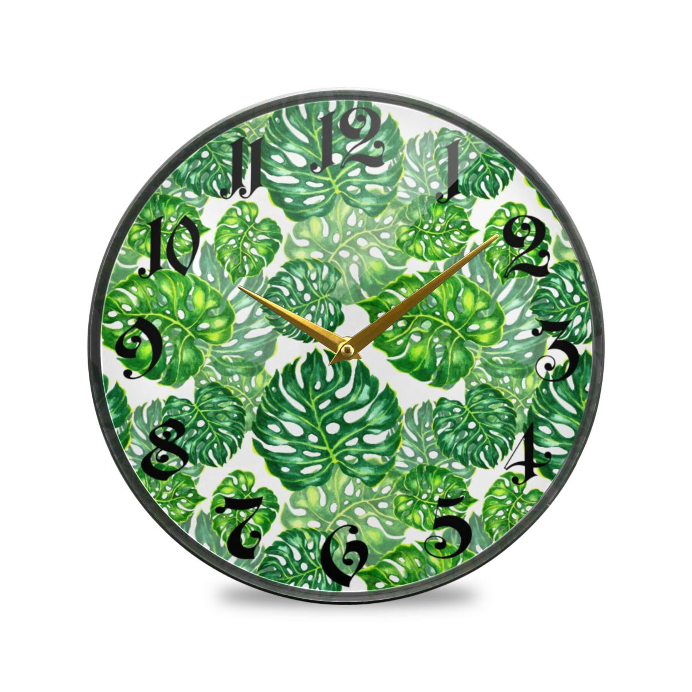 9.5" Round Silent Wall Clocks Watercolor Green Tropical Leaves Acrylic ...